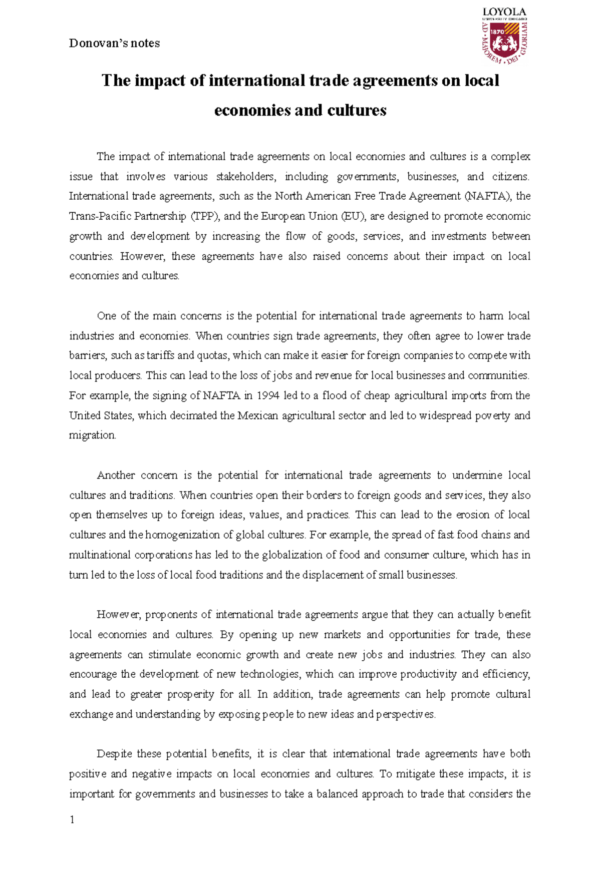 The impact of international trade agreements on local economies and ...