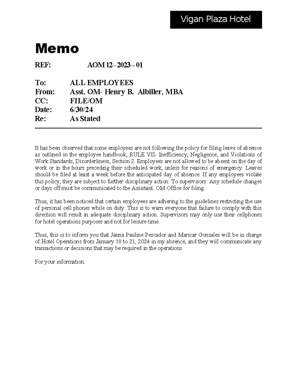 MEMO NEW - thank you - Vigan Plaza Hotel Memo REF: AOM 12– 2023 – 01 To: ALL EMPLOYEES From ...