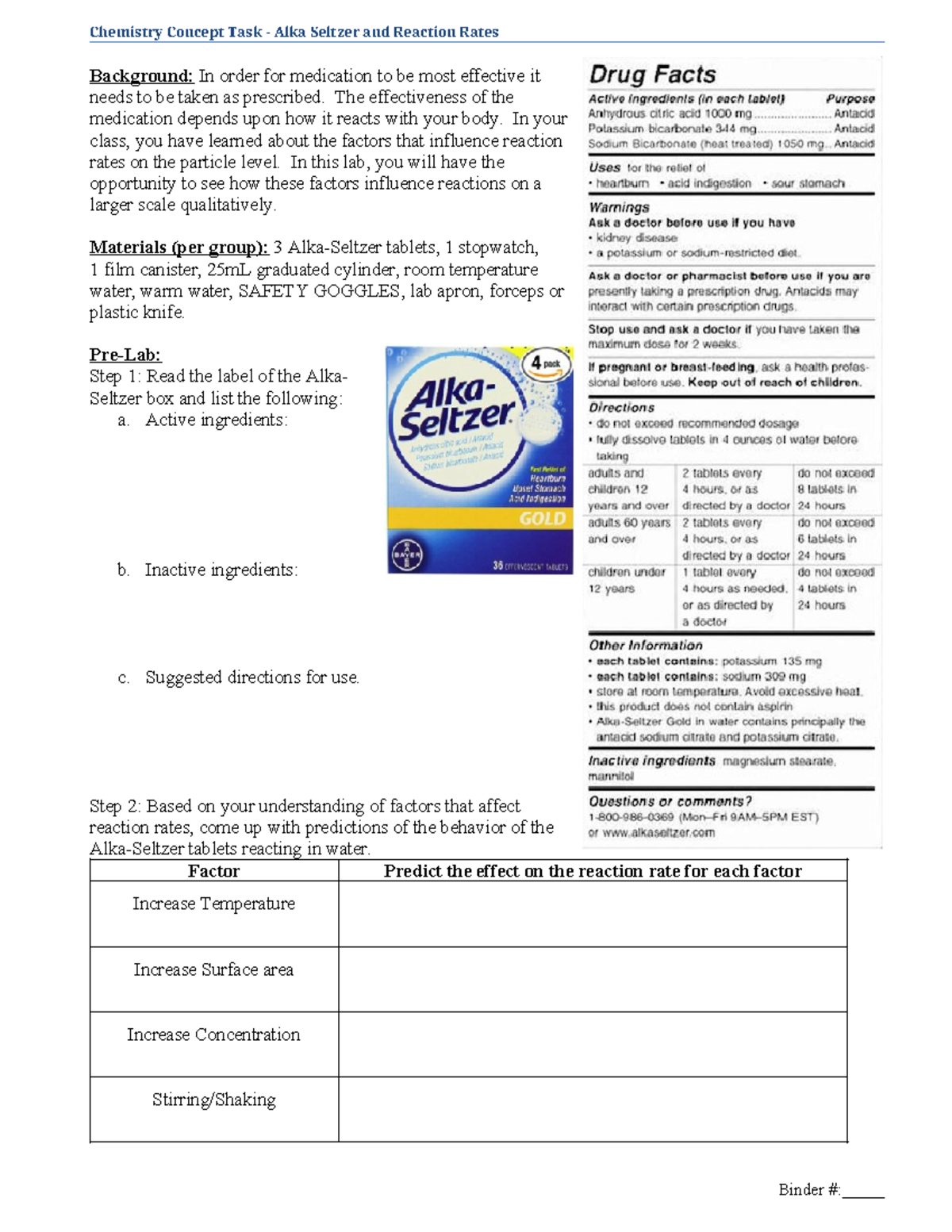Alka seltzer and rates lab - Chemistry Concept Task - Alka Seltzer and ...