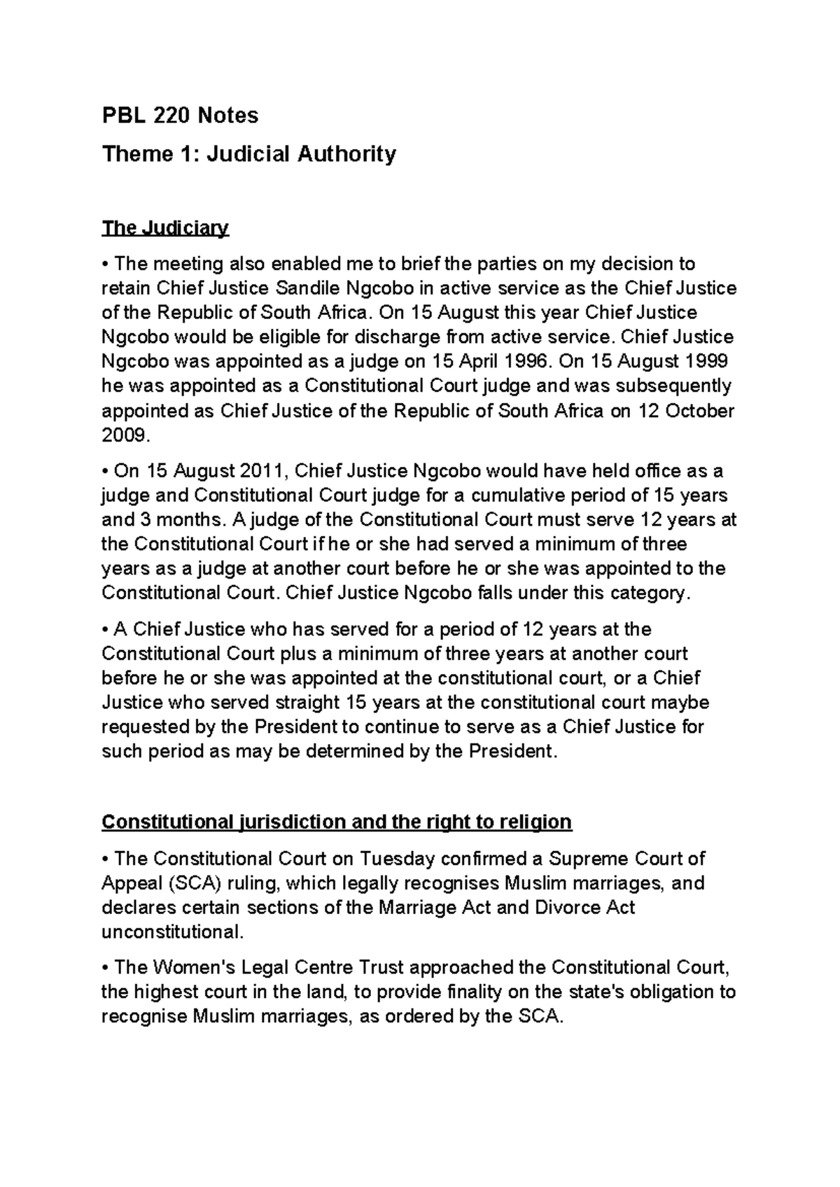 PBL 220 Notes Theme 1 Judicial Authority - PBL 220 Notes Theme 1 ...