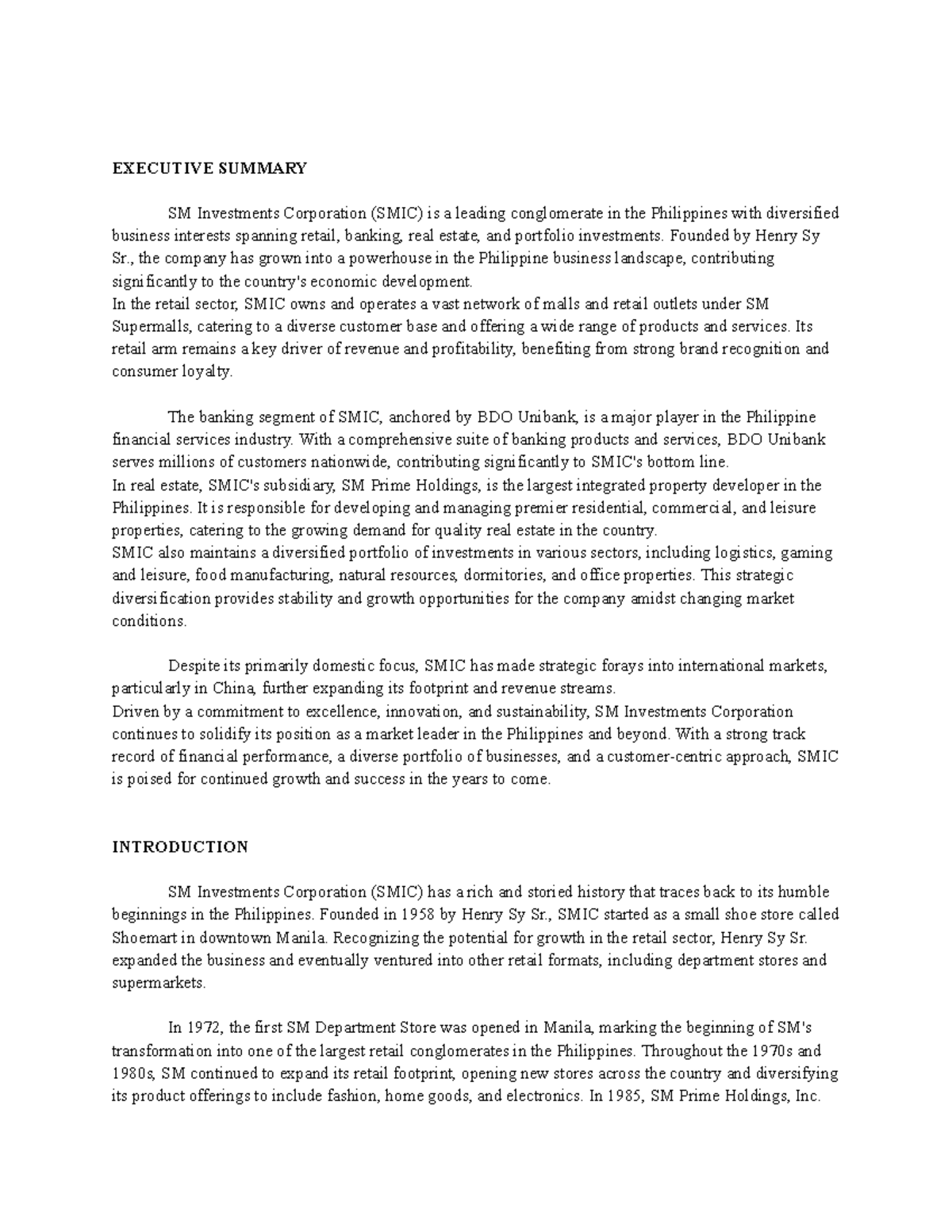Marketing research-SMIC - EXECUTIVE SUMMARY SM Investments Corporation ...