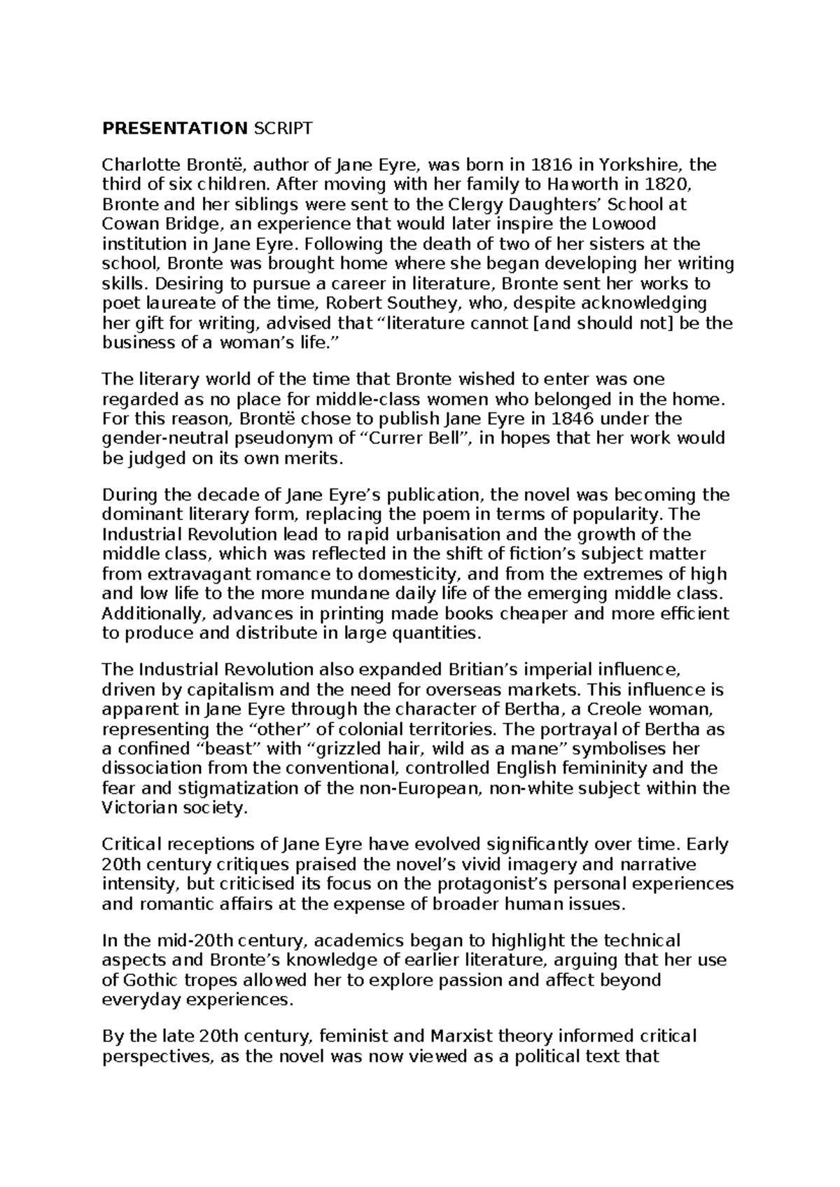JANE EYRE Presentation Script - PRESENTATION SCRIPT Charlotte Brontë ...