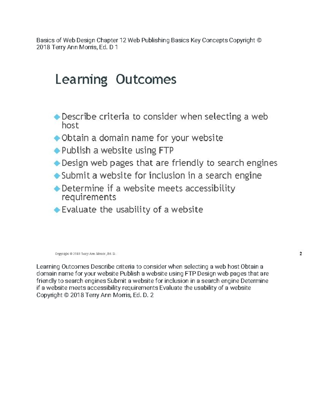 Basics of Web Design Chapter 12 Web Publishing Basics Key Concepts Copyright - D 1 Learning ...