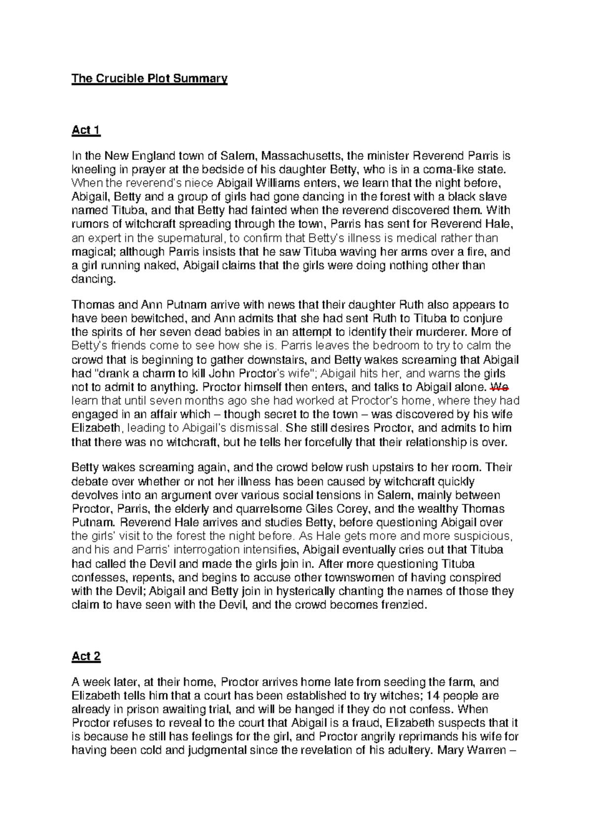 The Crucible Plot Summary - When the reverend’s niece Abigail Williams ...