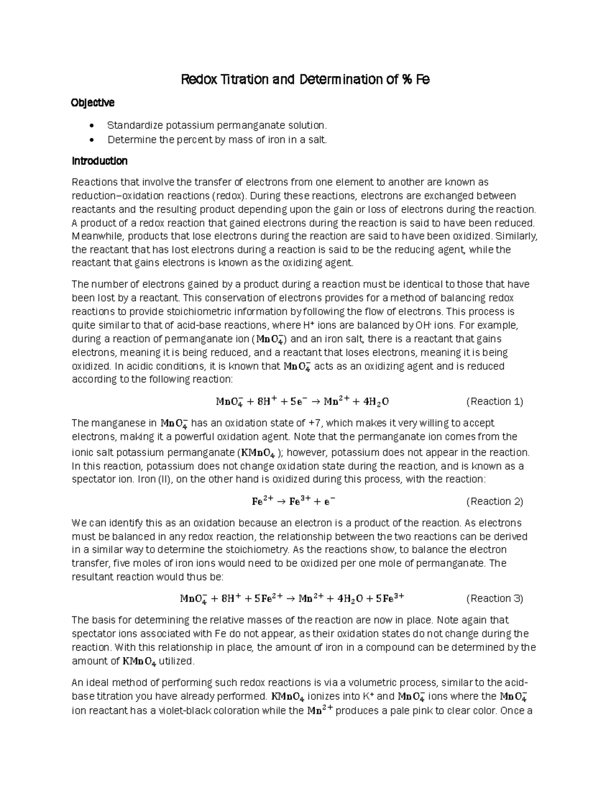 Redox Titration Lab Handout; CHEM 1300, Fall 2020 - RED6544 - USF - Studocu