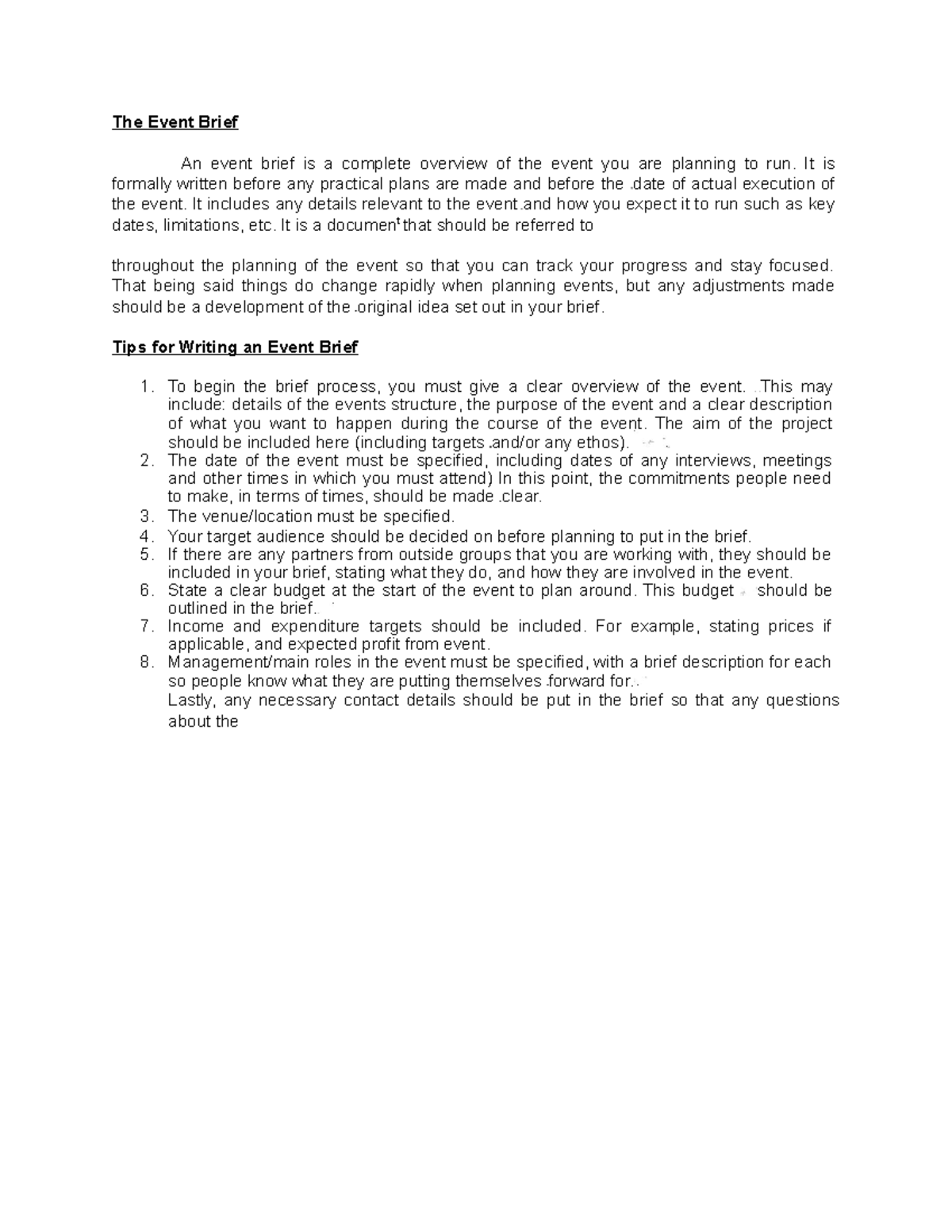 Doc 6 - NONE - The Event Brief An event brief is a complete overview of ...