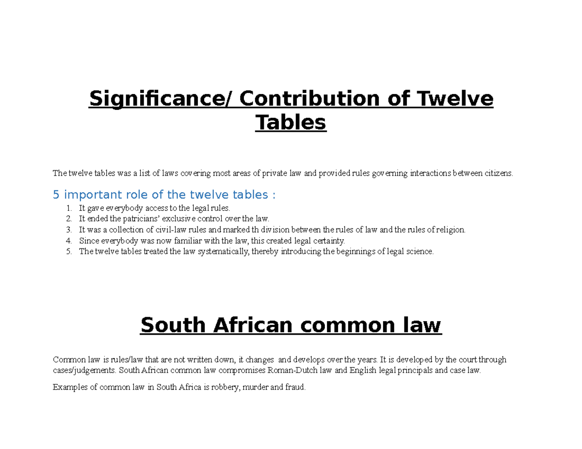 LHF Assignment - Goodluck - Significance/ Contribution of Twelve Tables ...