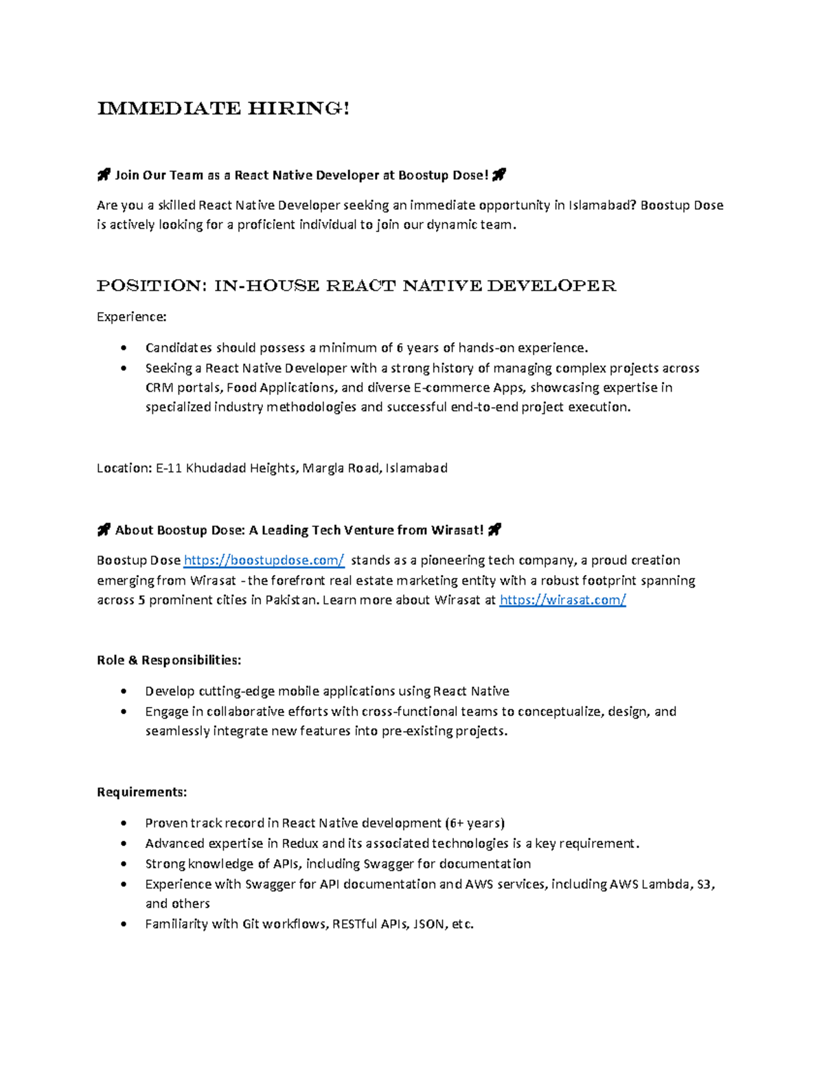React Native Immediate Hiring Immediate Hiring 🚀 Join Our Team As A React Native Developer