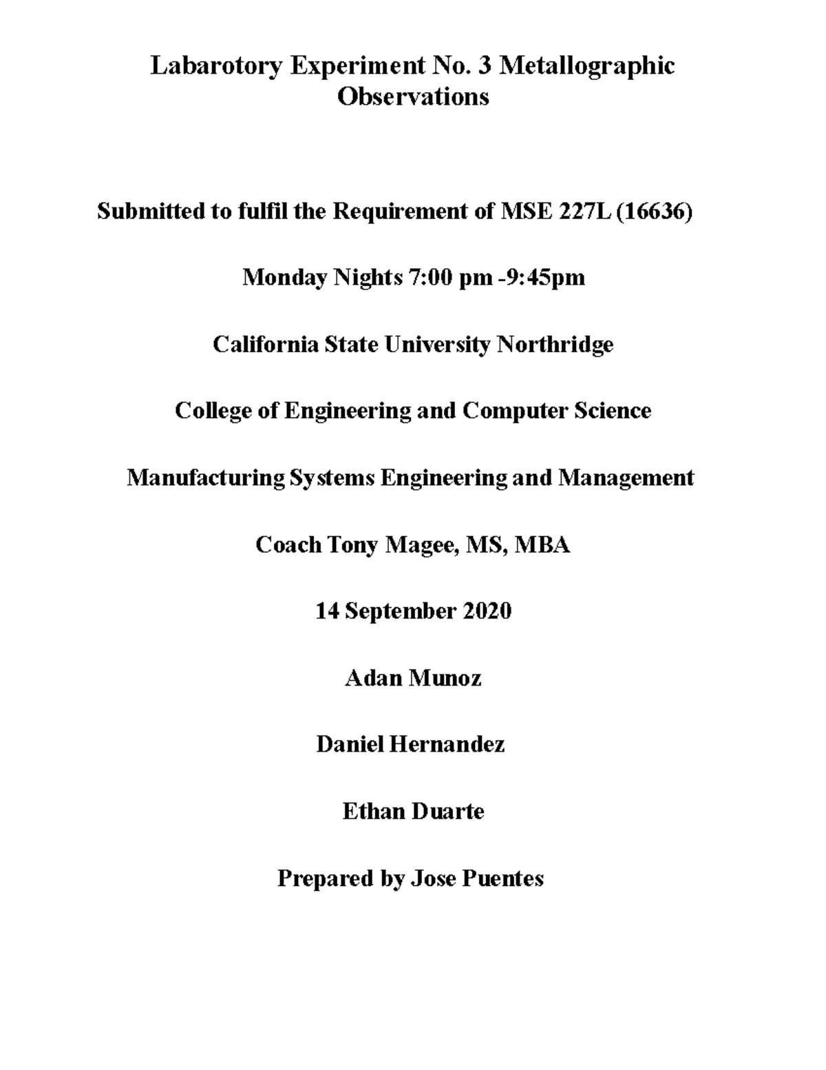 Experiment #3 MSE227L - Labarotory Experiment No. 3 Metallographic ...