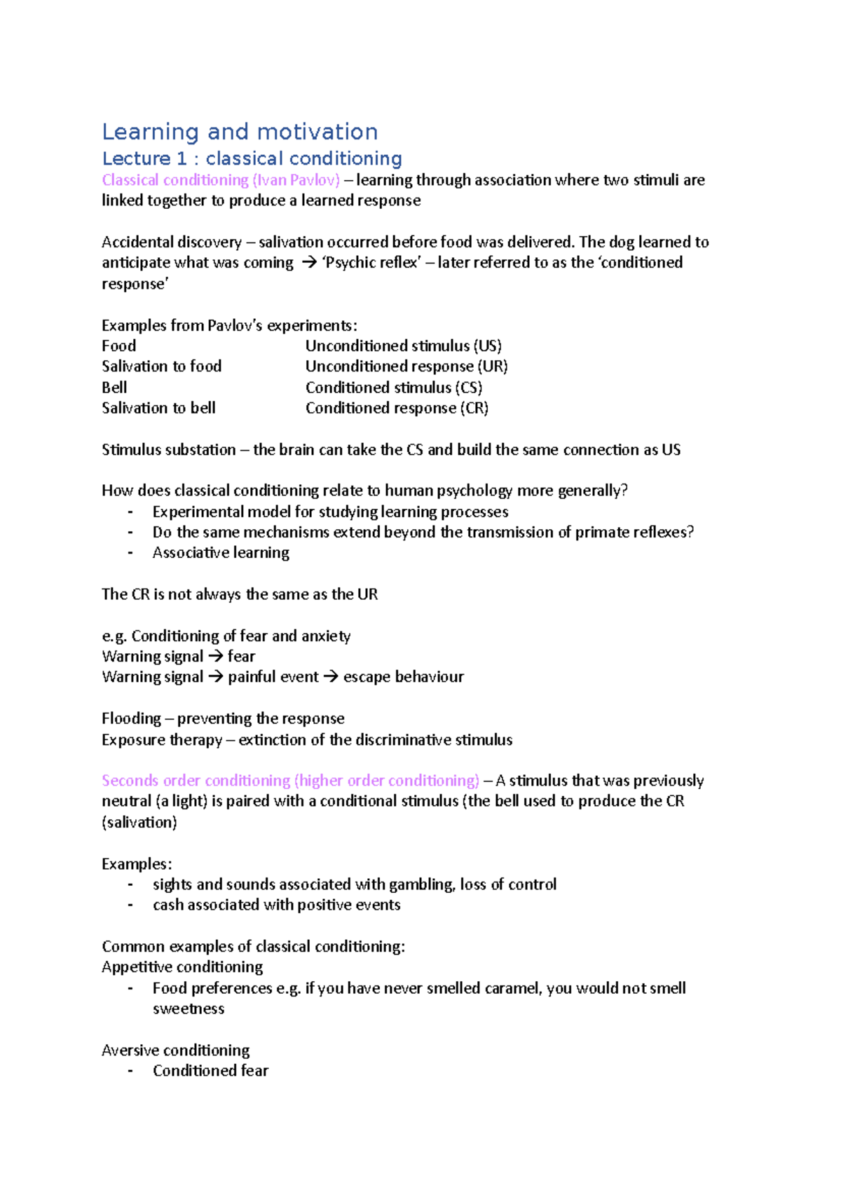 Learning and motivation - Learning and motivation Lecture 1 : classical ...