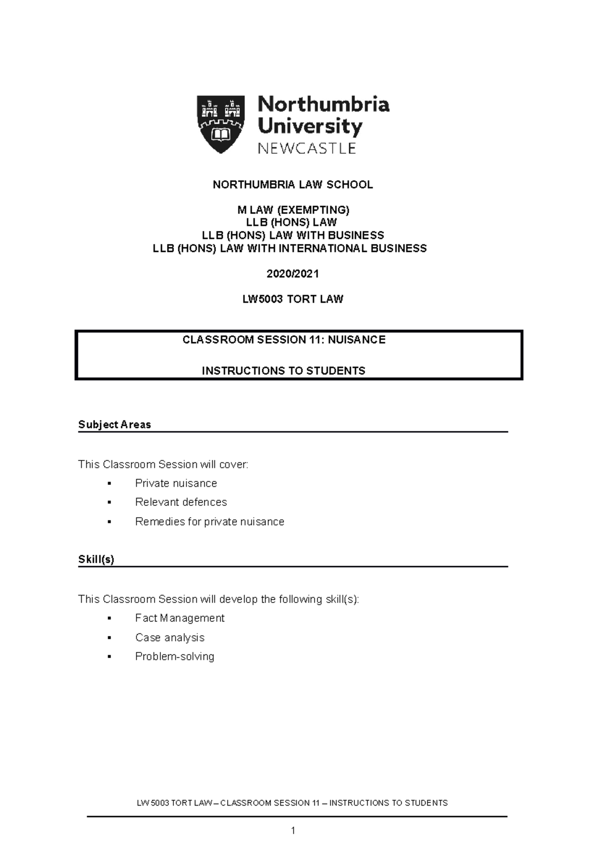 Classroom Session 11Student Instructions - NORTHUMBRIA LAW SCHOOL M LAW ...