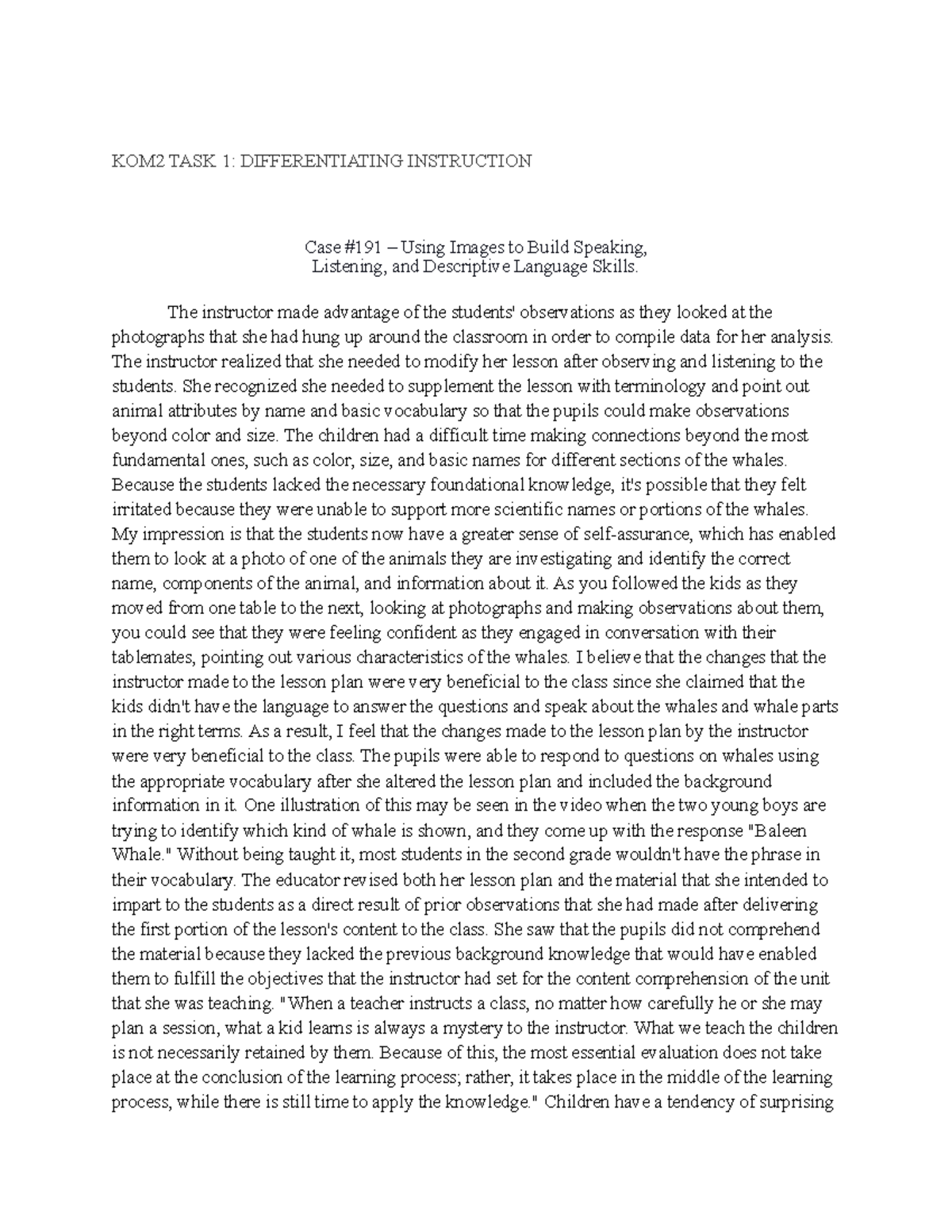 KOM2 TASK 1 Differentiating Instruction - KOM2 TASK 1: DIFFERENTIATING INSTRUCTION Case #191 ...