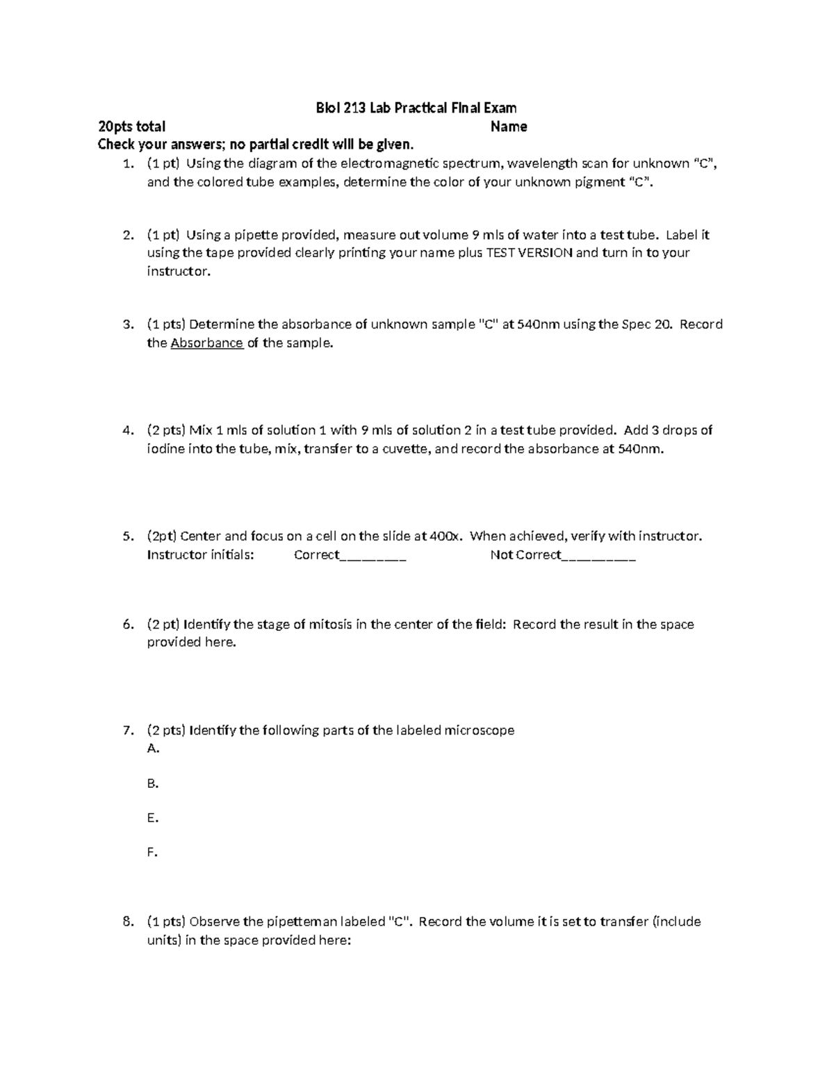 213 Practical Final C 2015 F - Biol 213 Lab Practical Final Exam 20pts ...