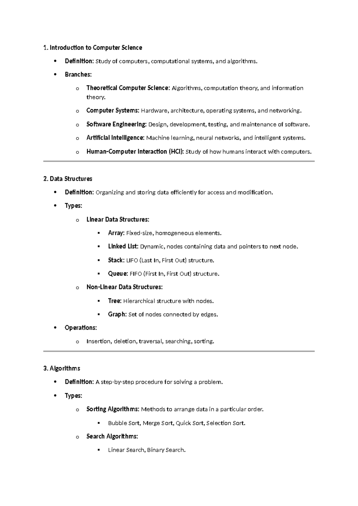 Xii class notes - 1. Introduction to Computer Science Definition: Study ...