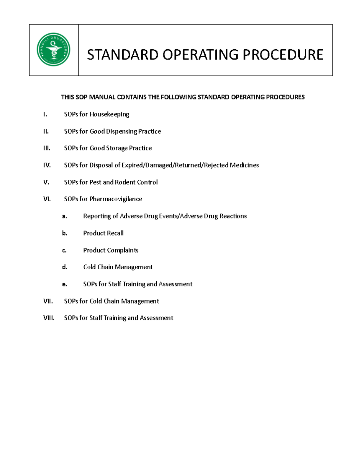 Standard Operating Procedure - THIS SOP MANUAL CONTAINS THE FOLLOWING ...
