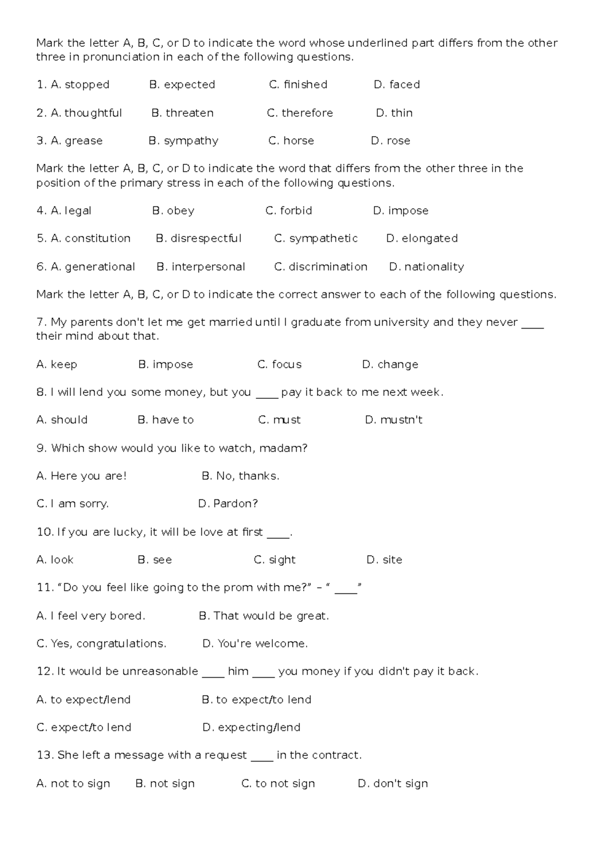 Giữa kì - jmkkm - Mark the letter A, B, C, or D to indicate the word ...