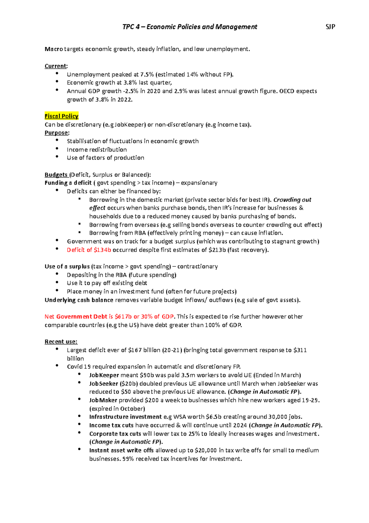 TPC 4 Economic Policies and Management - Macro targets economic growth ...