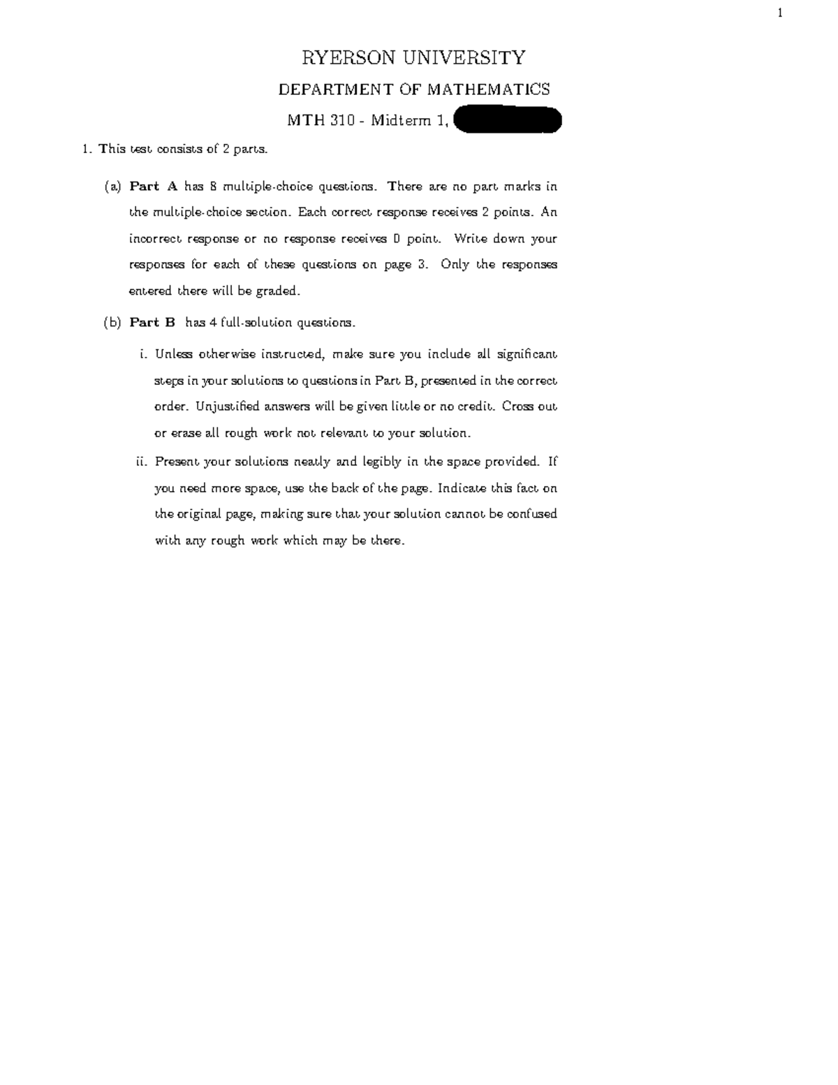 Test 1 practice - RYERSON UNIVERSITY DEPARTMENT OF MATHEMATICS MTH 310 ...