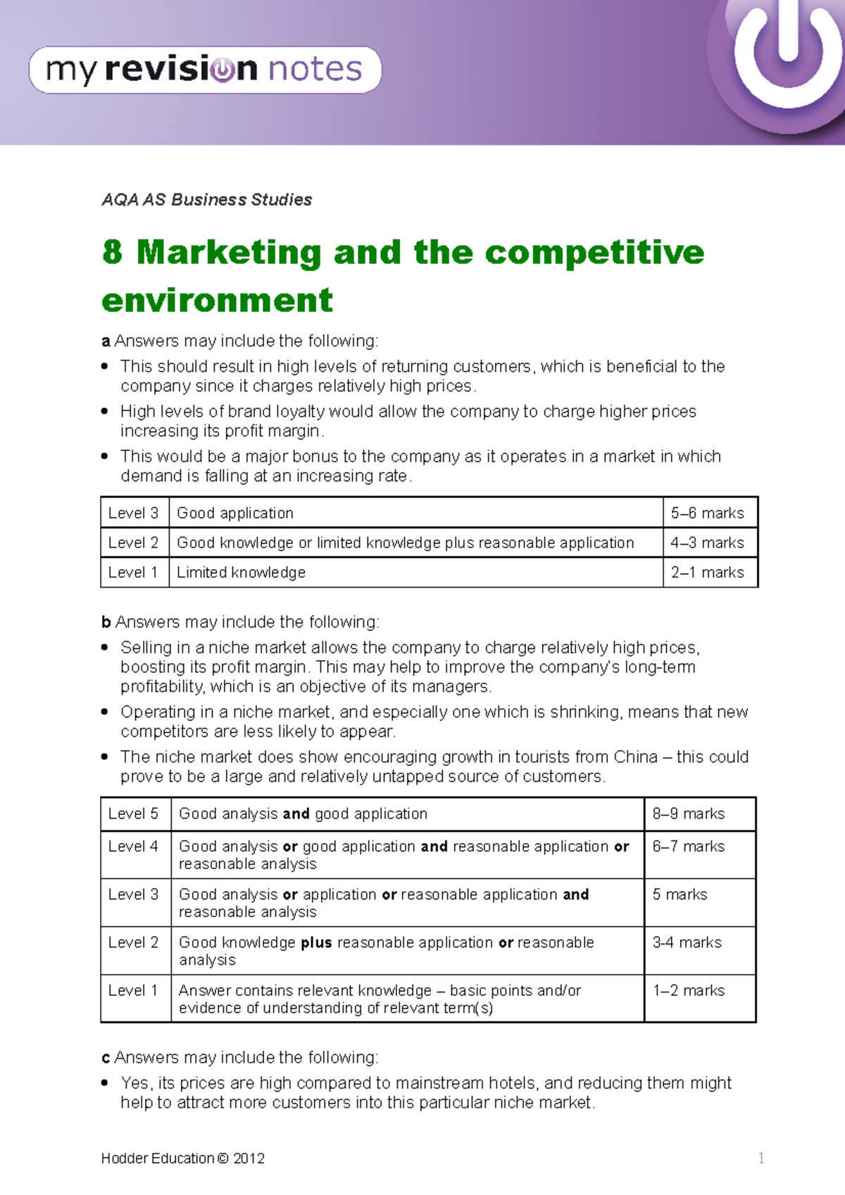 Exam practice answers 8 - AQA AS Business Studies 8 Marketing and the ...