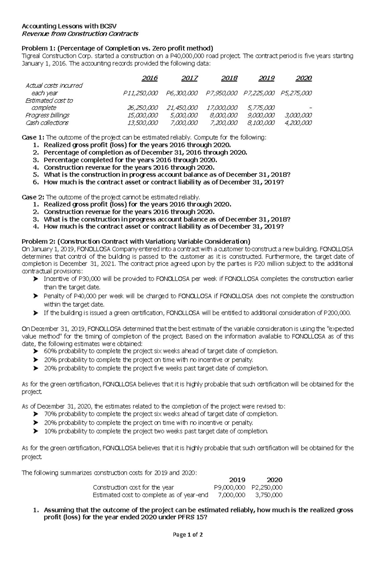 Revenue from LTCC - long term construction contracts - Page 1 of 2 ...