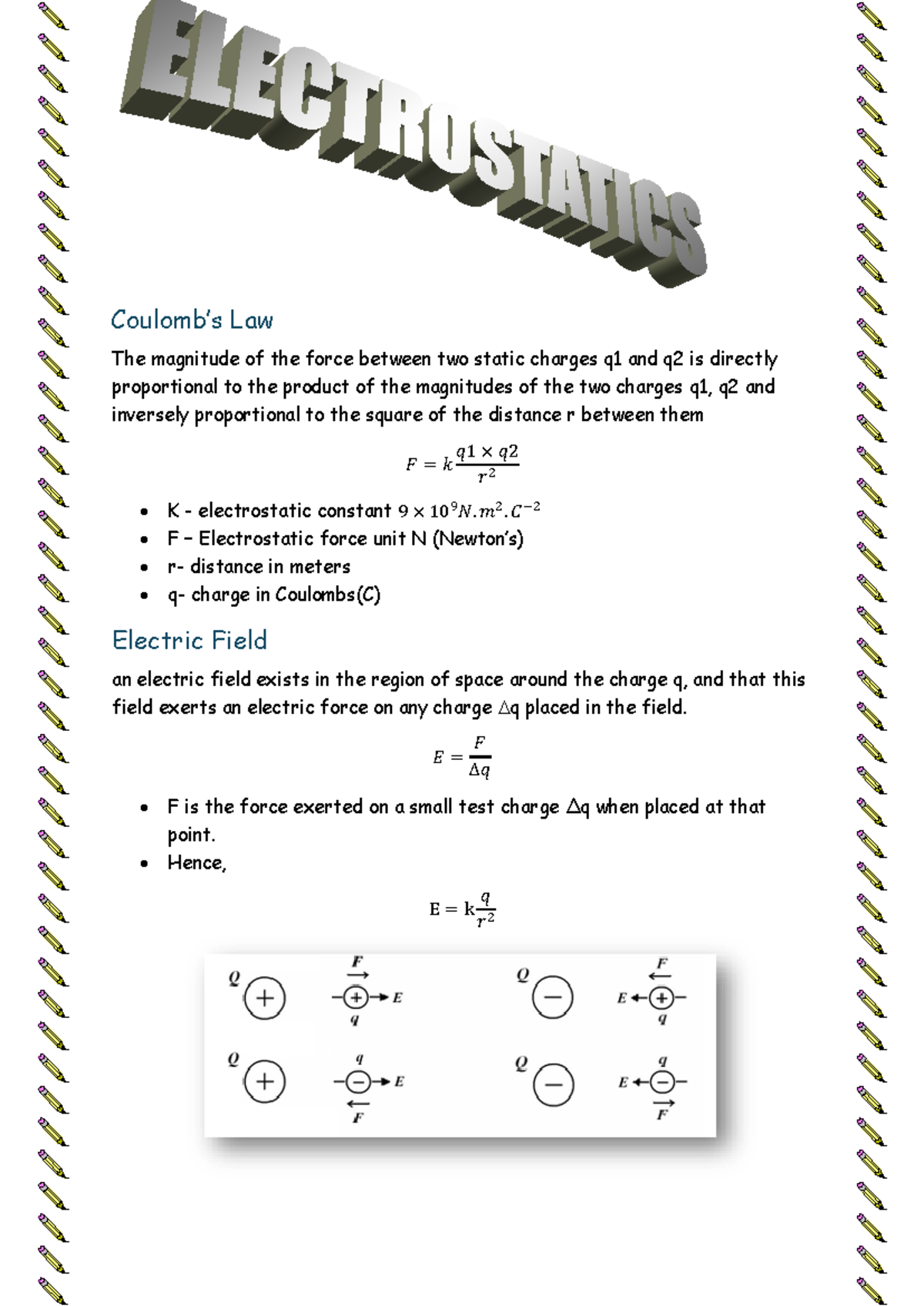 Electrostatics - Coulomb’s Law The magnitude of the force between two ...