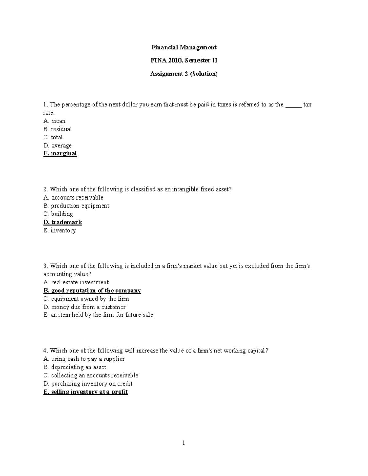 Assignment 2 Solution - Prof. Gang Li - Financial Management FINA 2010, Semester II Assignment 2 ...