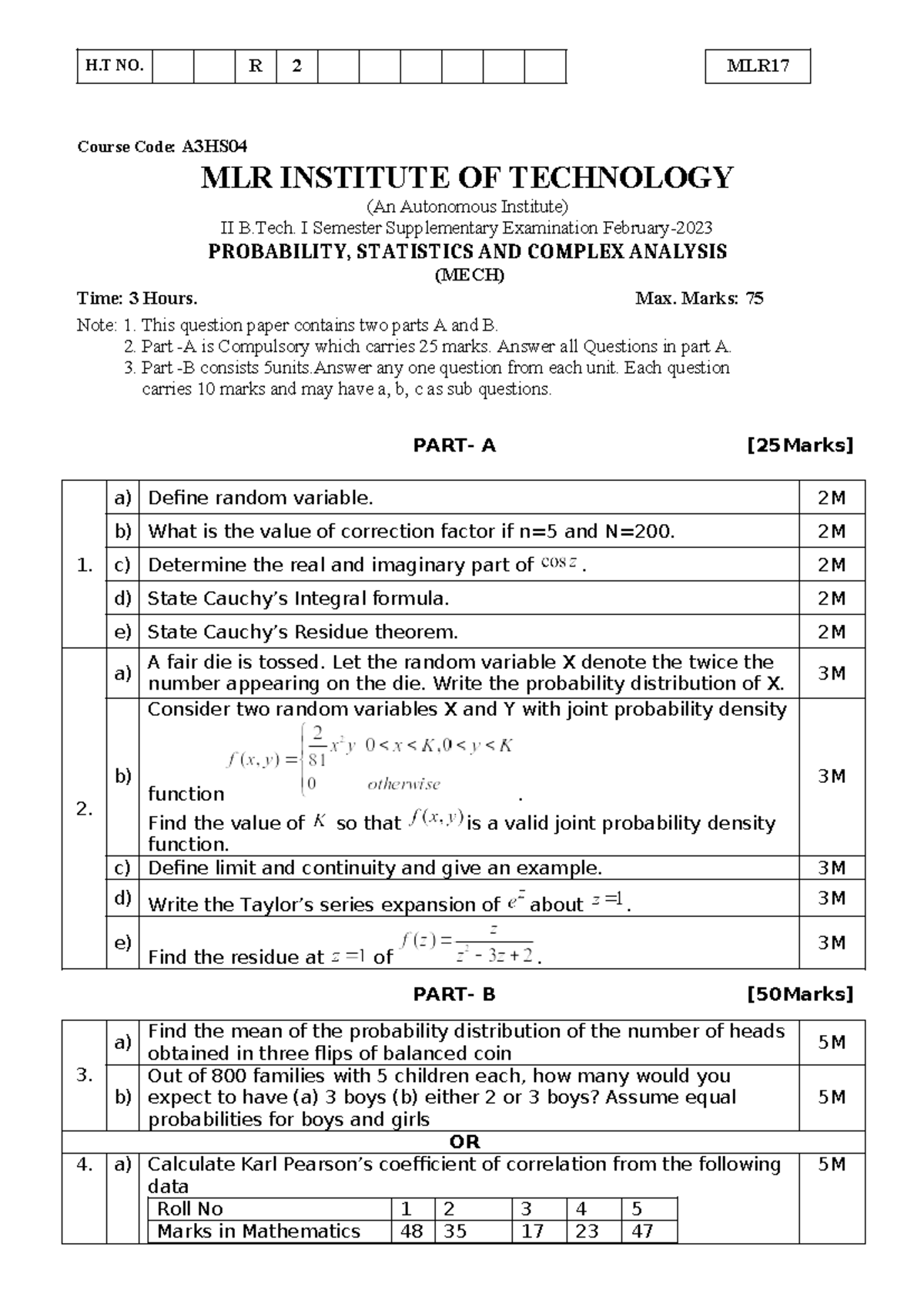 Probability statistics and Complex Analysis - H NO. R 2 MLR Course Code ...