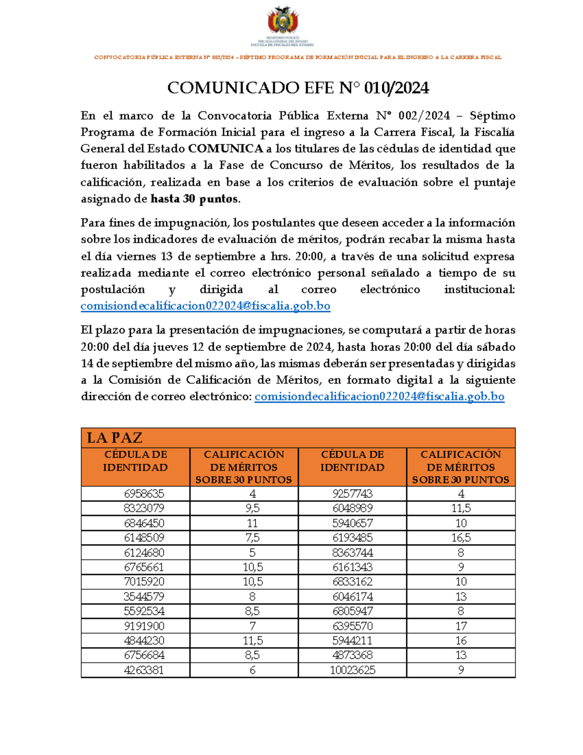 Comunicado N° 010 EFE Publicación Calificación DE Méritos v ...