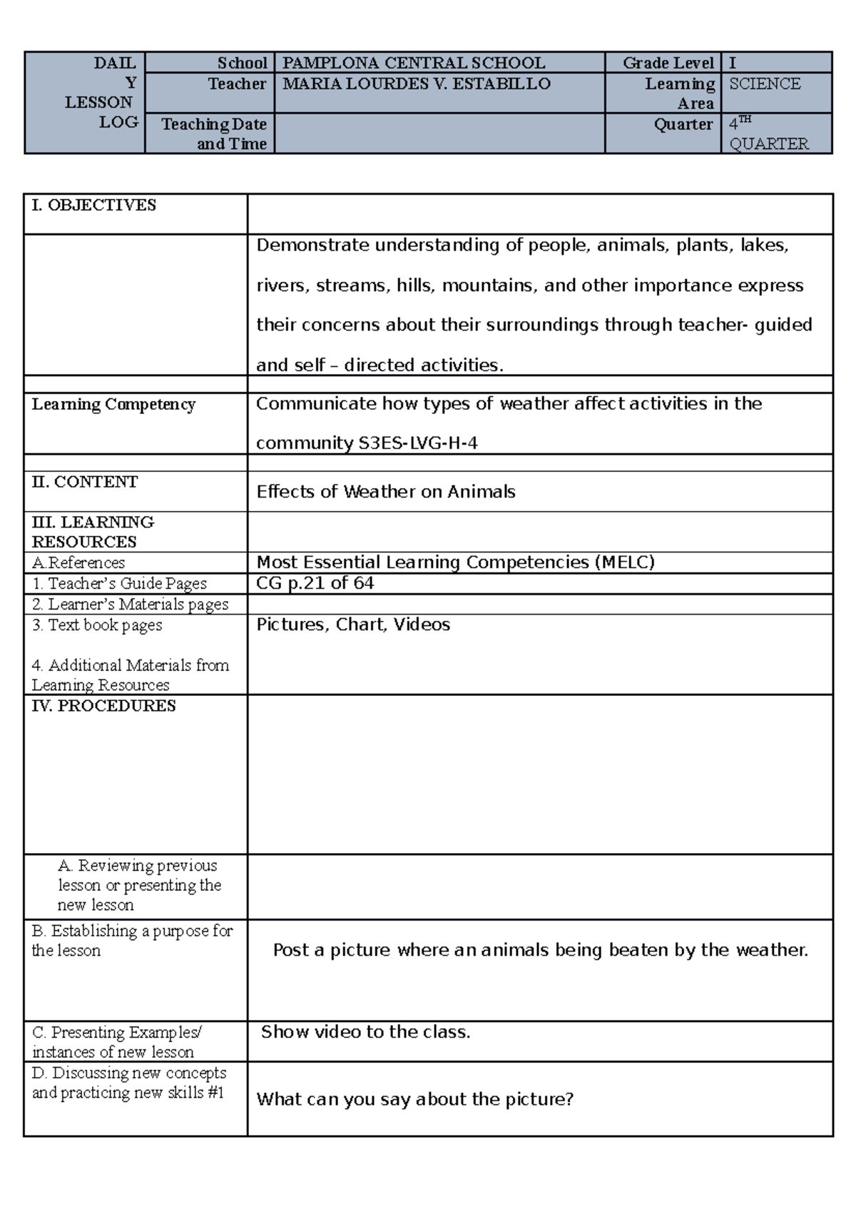 COT Q4 G3 - LESSON PLAN - DAIL Y LESSON LOG School PAMPLONA CENTRAL ...