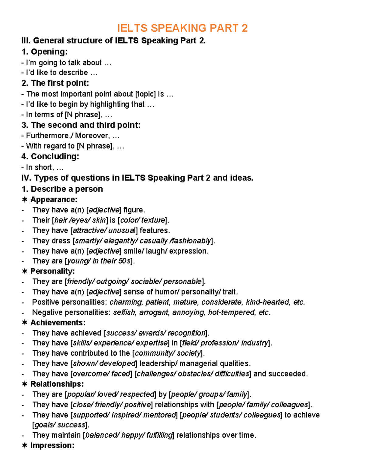 L10.Speaking Part 2. In class - IELTS SPEAKING PART 2 III. General ...
