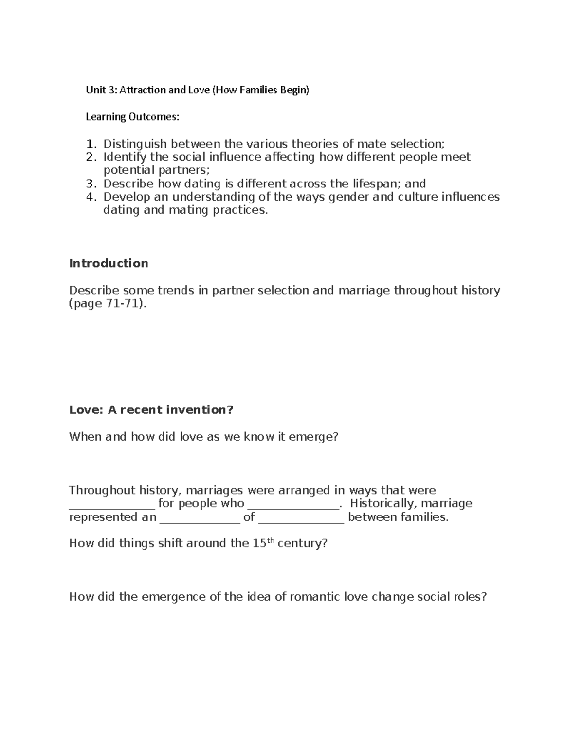 Unit 3 Notes - Unit 3: Attraction and Love (How Families Begin ...