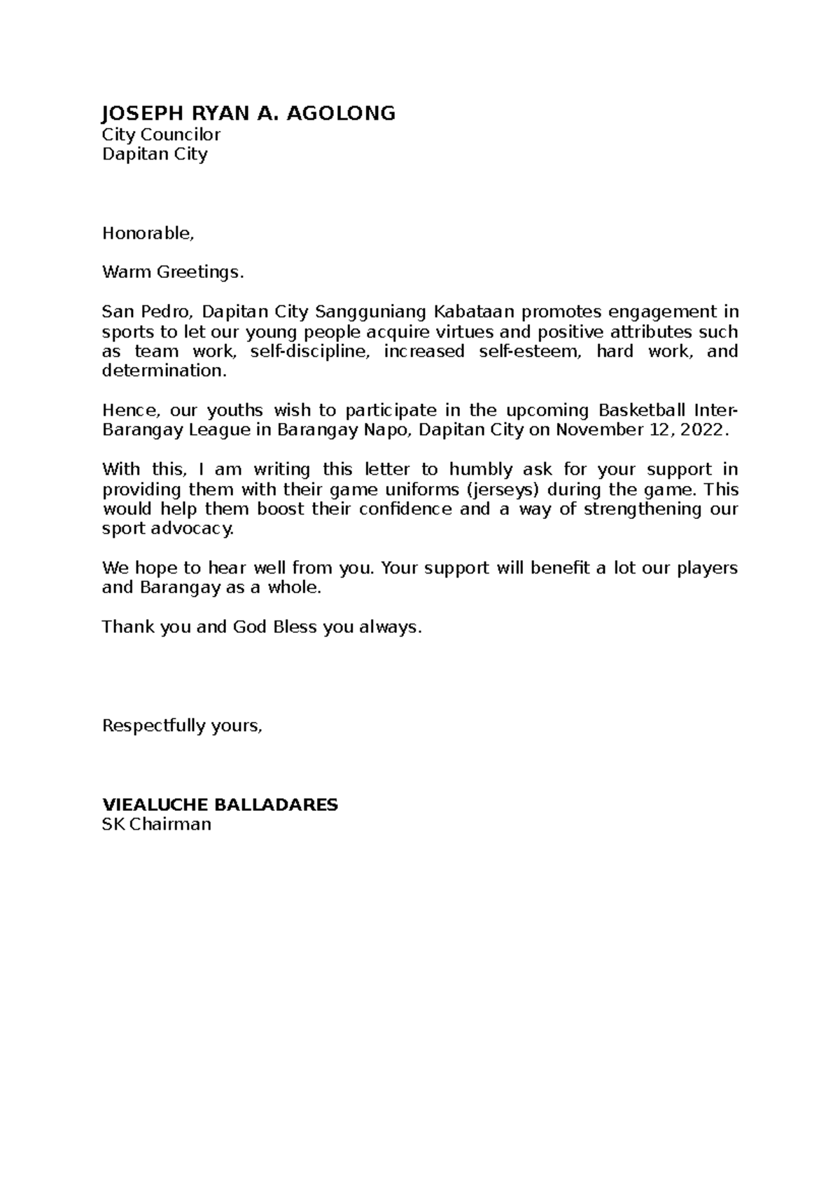 Solicitation Letter OF Samuel - JOSEPH RYAN A. AGOLONG City Councilor ...