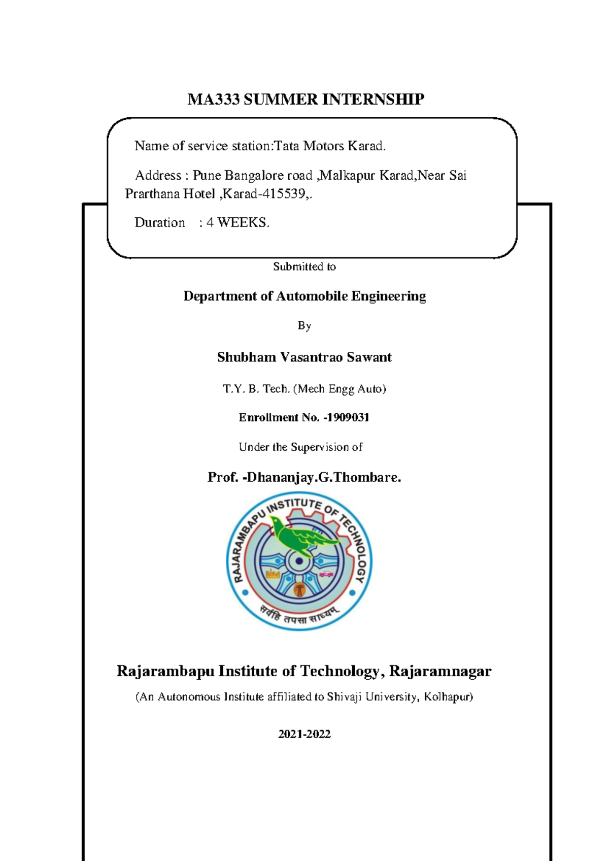 1909031 Summar Internship Report - MA333 SUMMER INTERNSHIP Name of ...