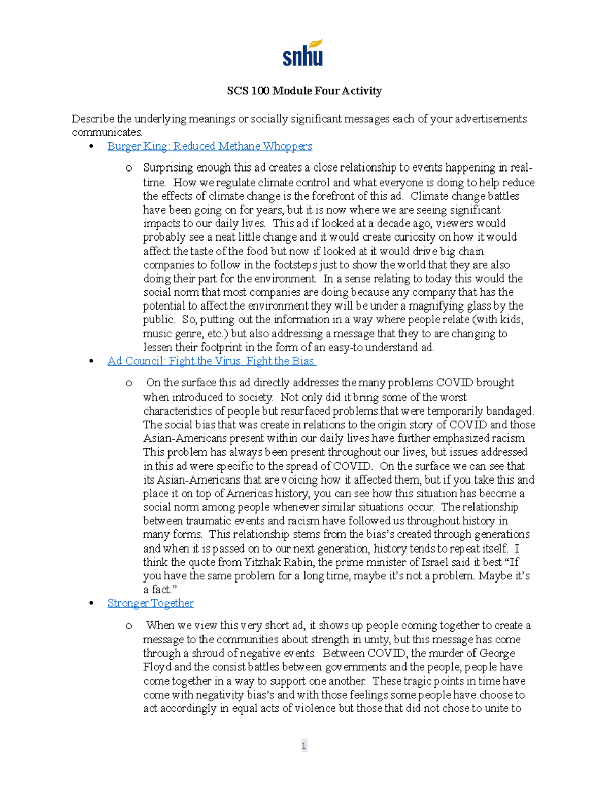 SCS 100 Module Four Activity - SCS 100 Module Four Activity Describe the underlying meanings or ...