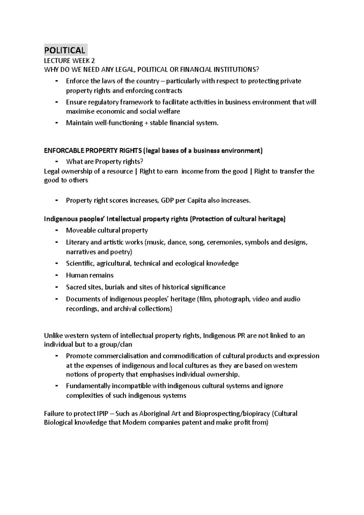 BSB108 LEC Notes - POLITICAL LECTURE WEEK 2 WHY DO WE NEED ANY LEGAL ...