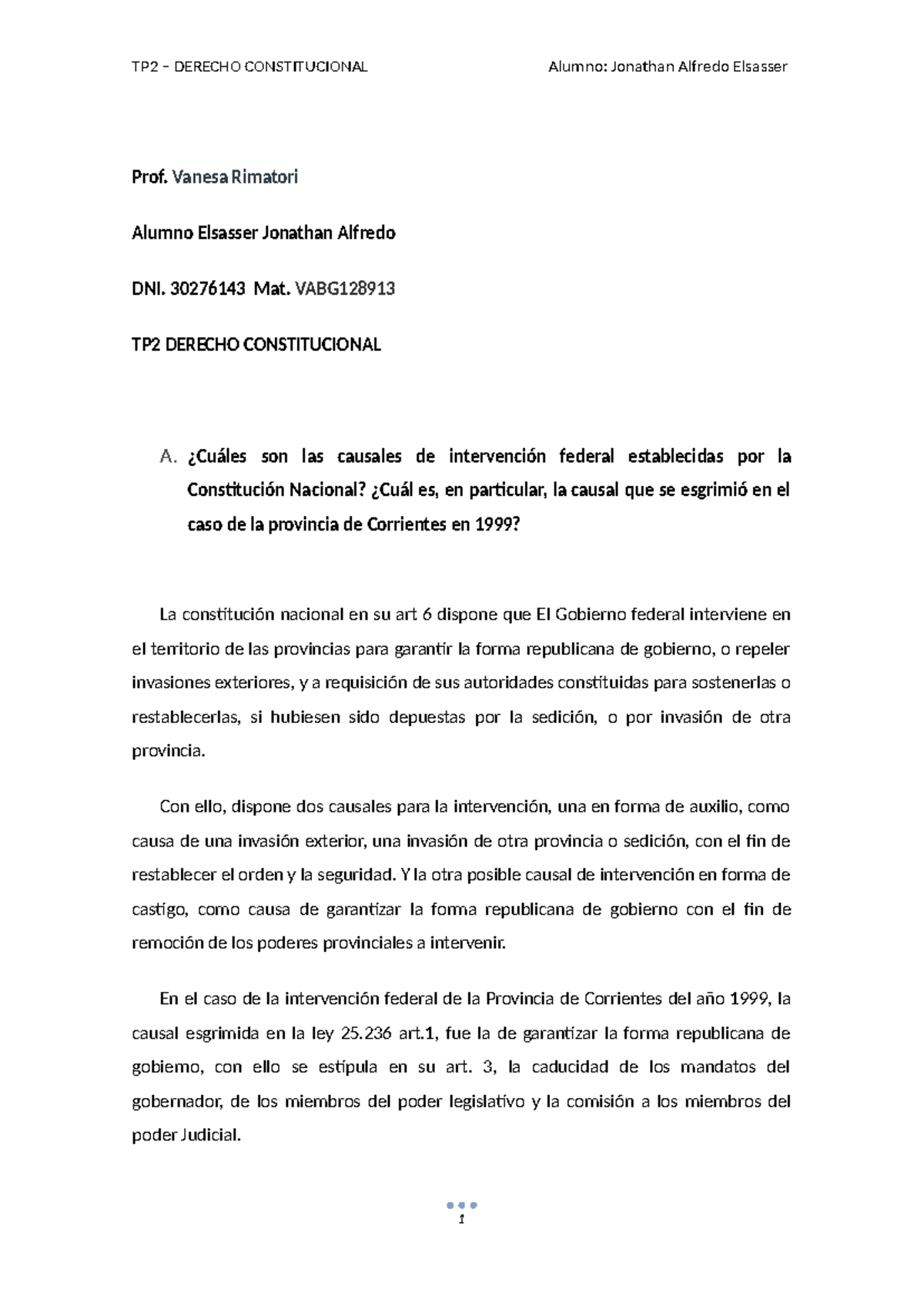 TP2 Derecho ConstitucionalTP2 - Prof. Vanesa Rimatori Alumno Elsasser ...