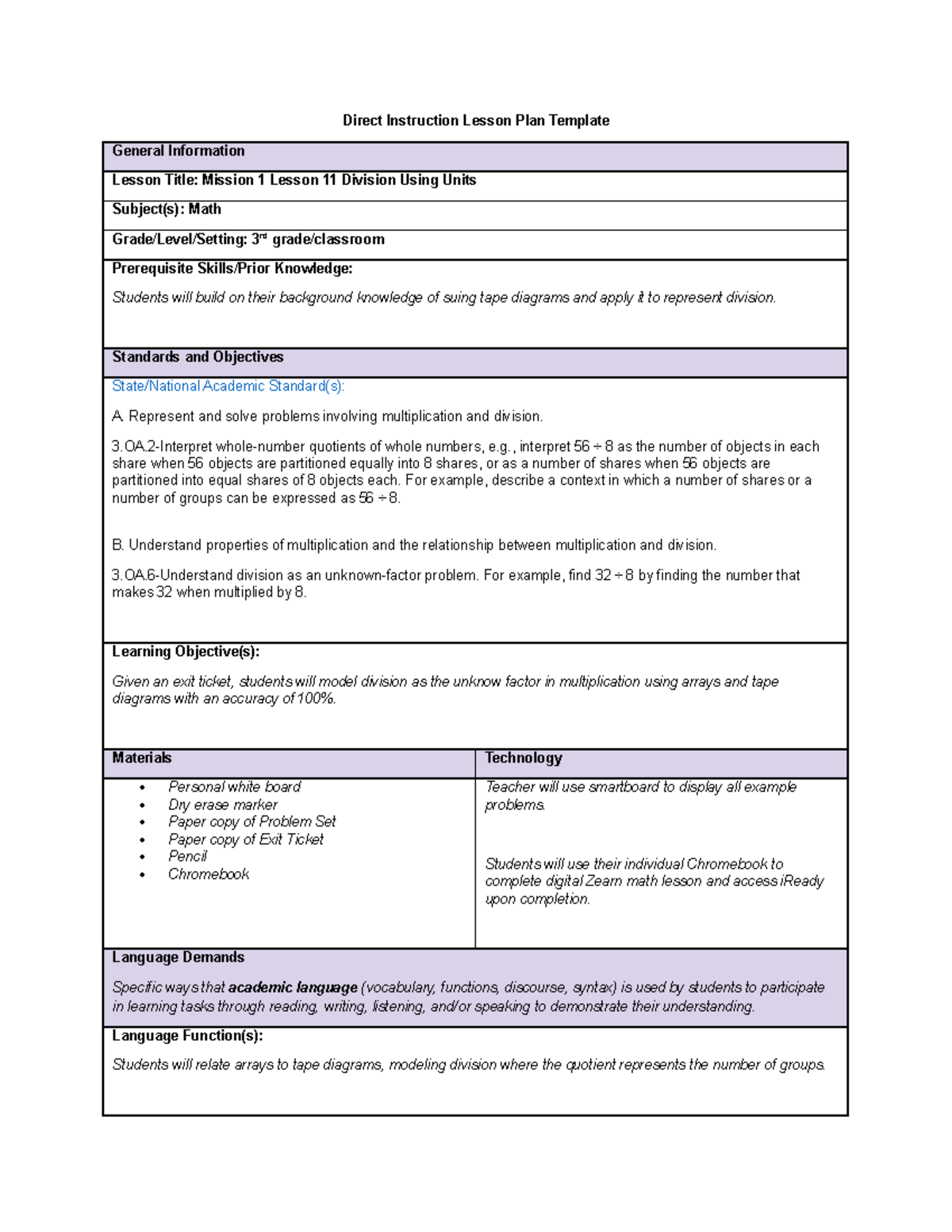 Direct instruction lesson plan observation 1 - Direct Instruction ...