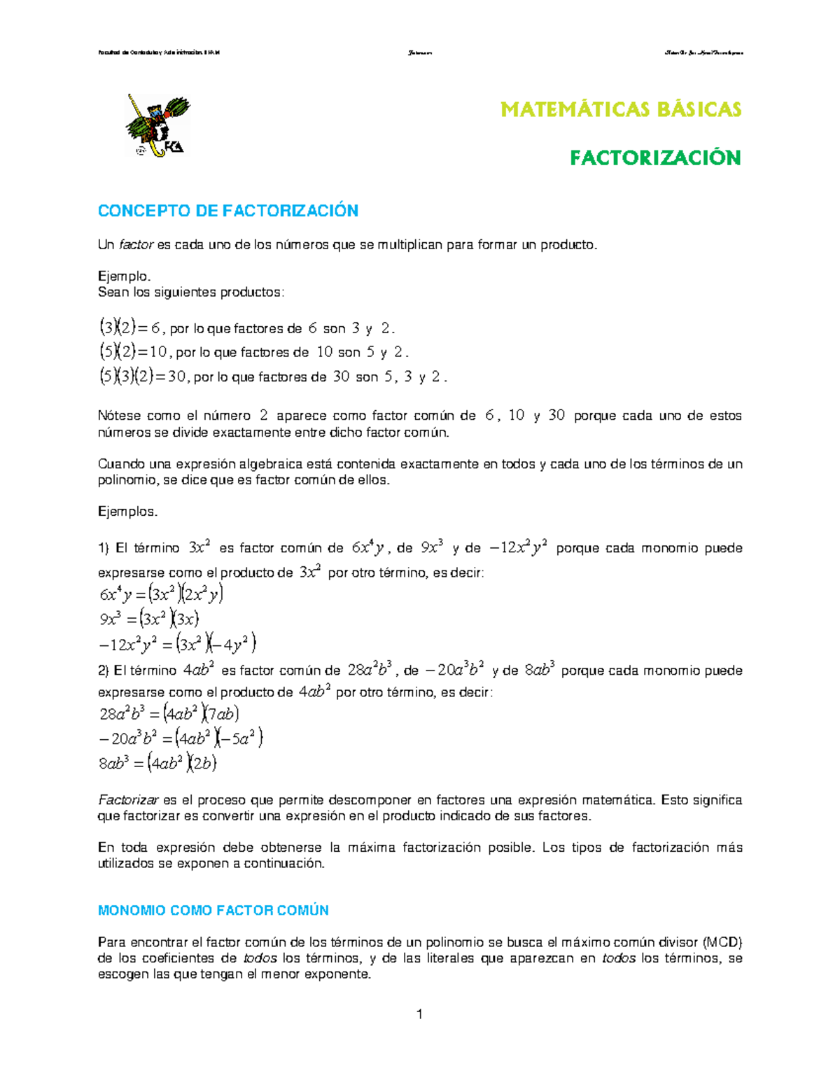 Factor Comun - MATEMÁTICAS BÁSICAS FACTORIZACIÓN CONCEPTO DE ...