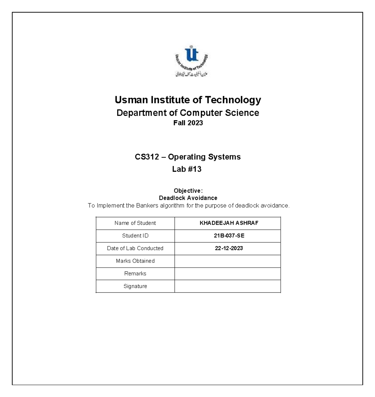 Lab 13 Cs312 Operating Systems Usman Institute Of Technology Department Of Computer Science