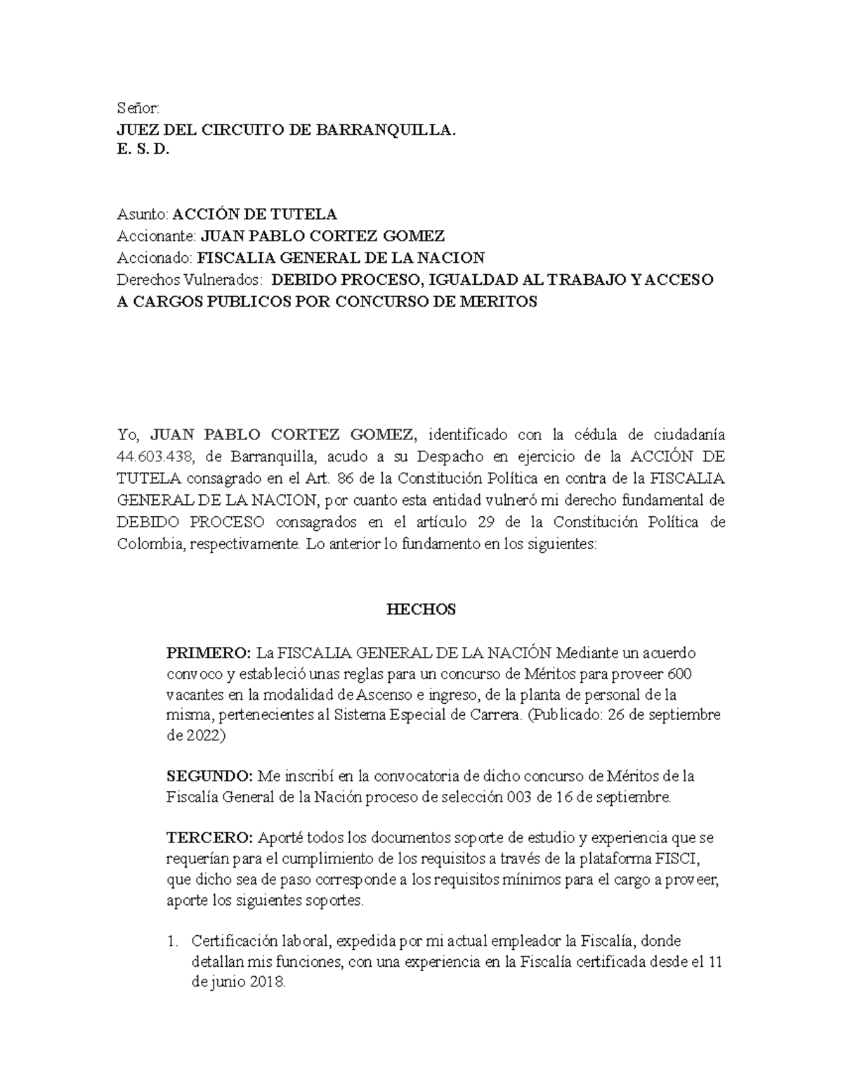 Accion DE Tutela- Debido Proceso. Camilo Marin - Señor: JUEZ DEL ...