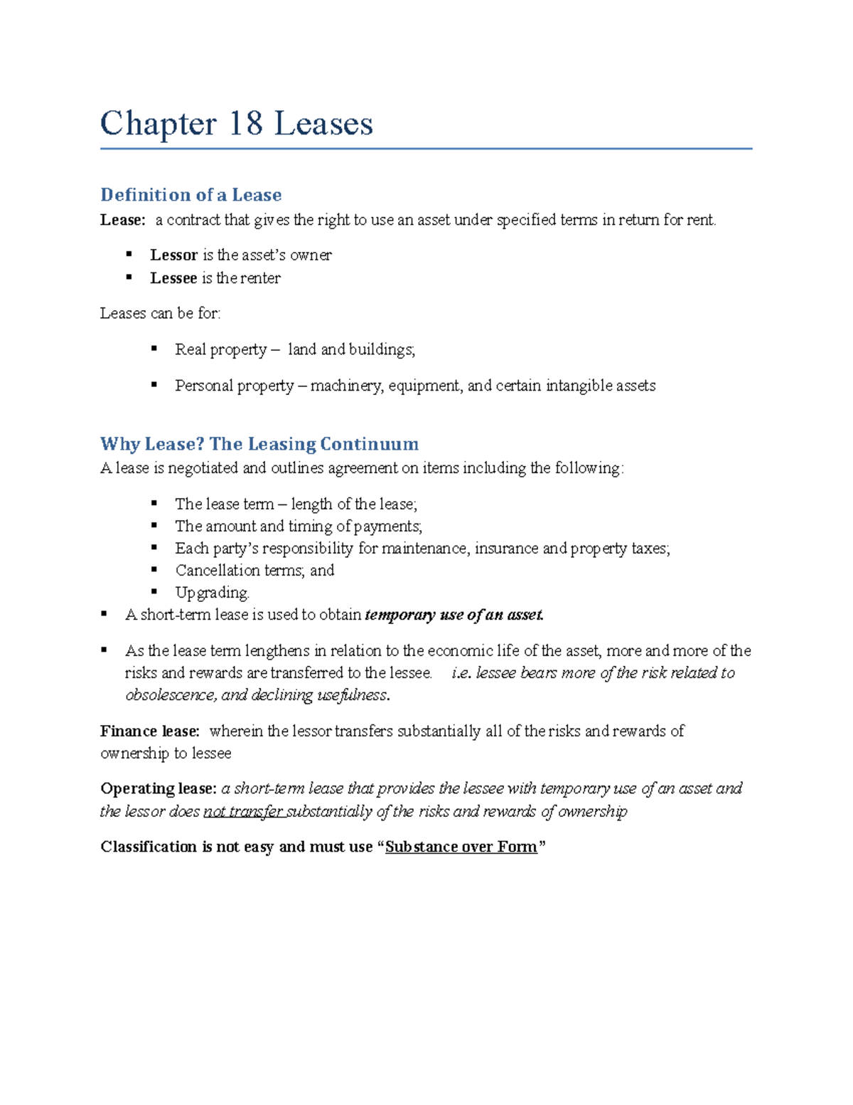 Chapter 18 Leases Chapter 18 Leases Definition Of A Lease Lease A