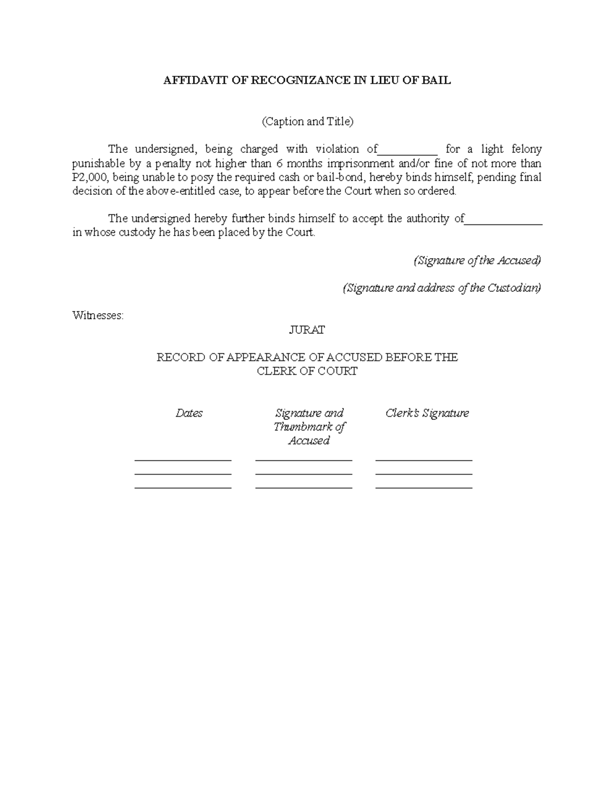 Affidavit OF Recognizance IN LIEU OF BAIL - AFFIDAVIT OF RECOGNIZANCE ...