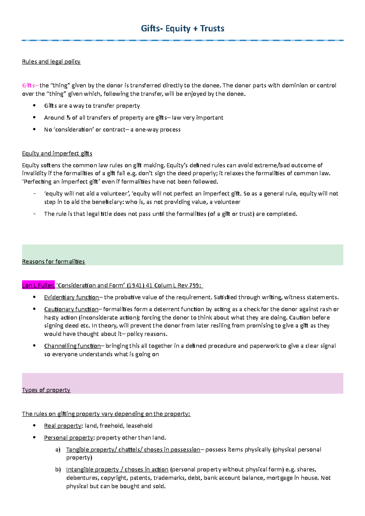 Gifts revision notes - Gifts- Equity + Trusts Rules and legal policy ...
