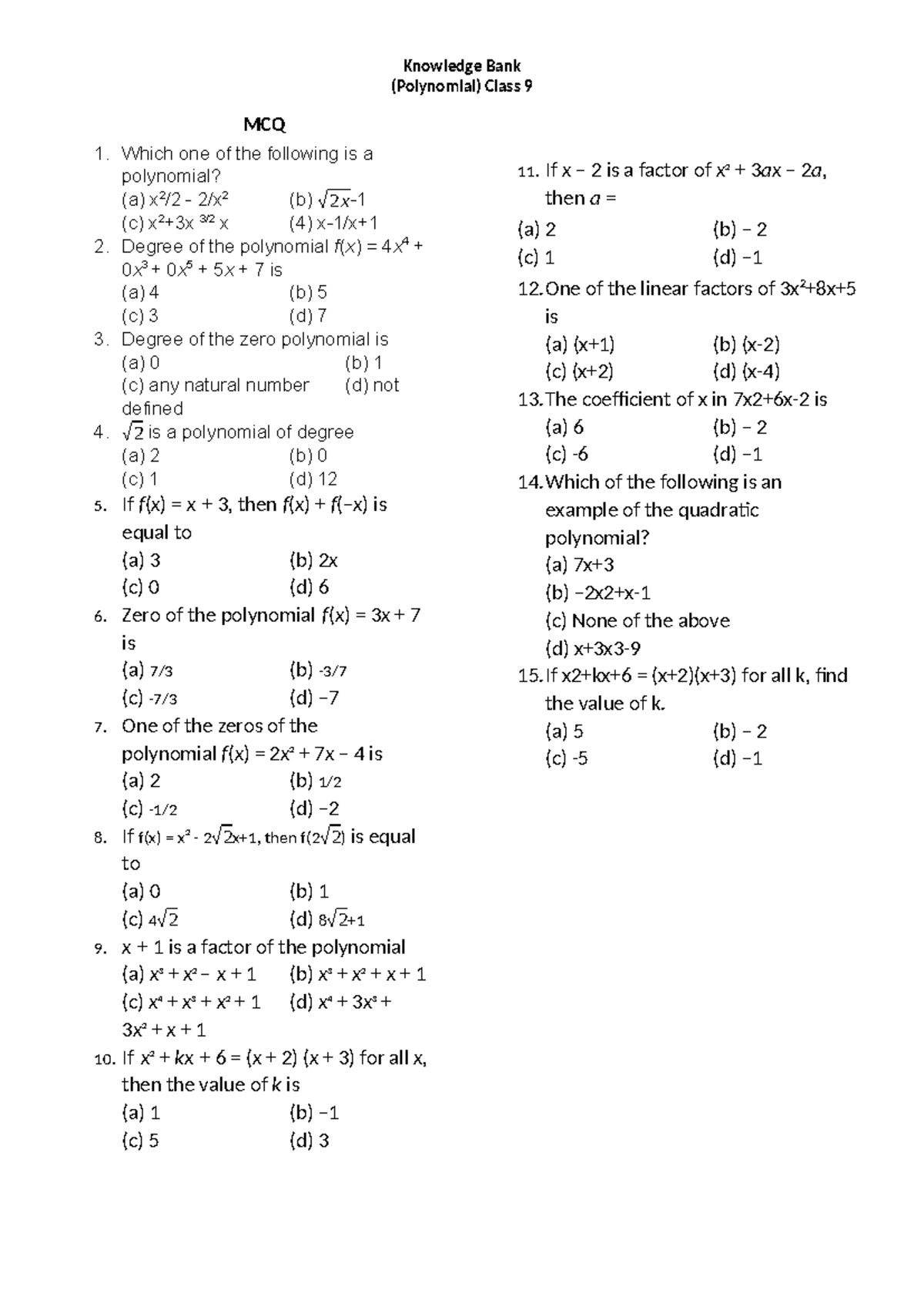 Polynomial Worksheet - Knowledge Bank (Polynomial) Class 9 MCQ Which ...