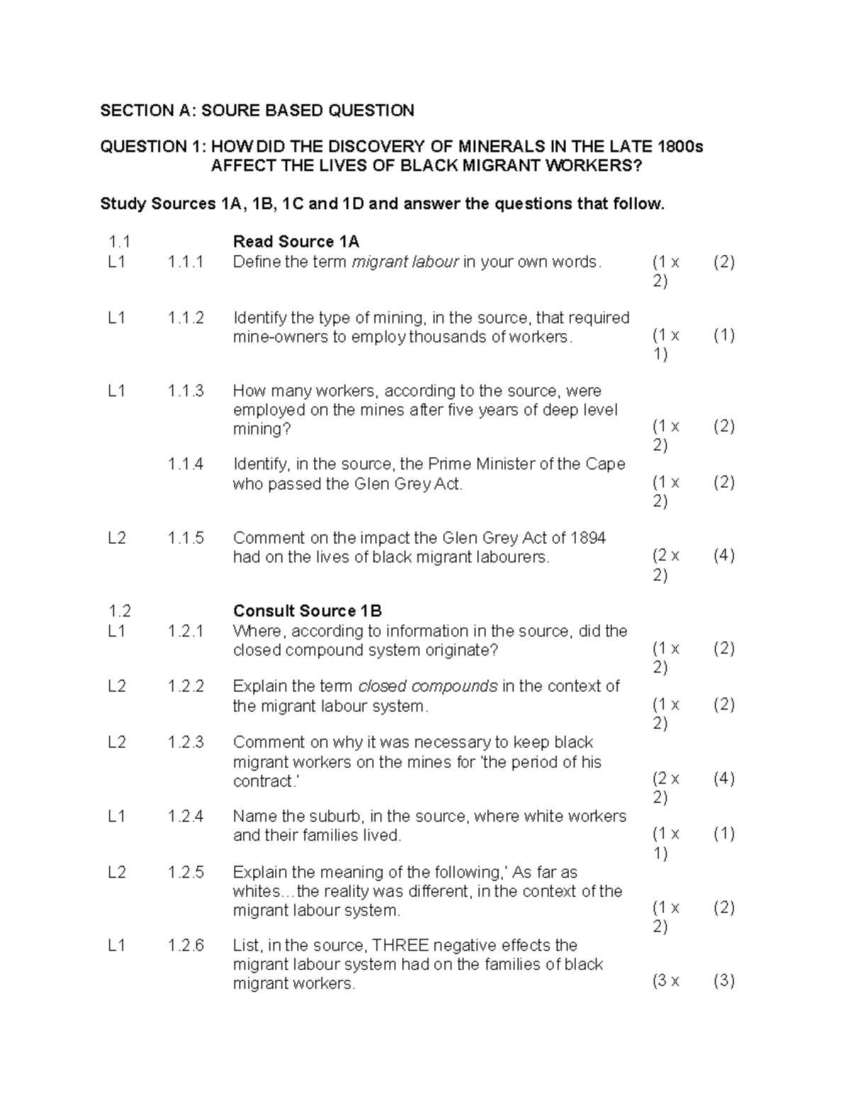 Grade 10 Term 3 QP Final COPY - SECTION A: SOURE BASED QUESTION QUESTION 1: HOW DID THE ...