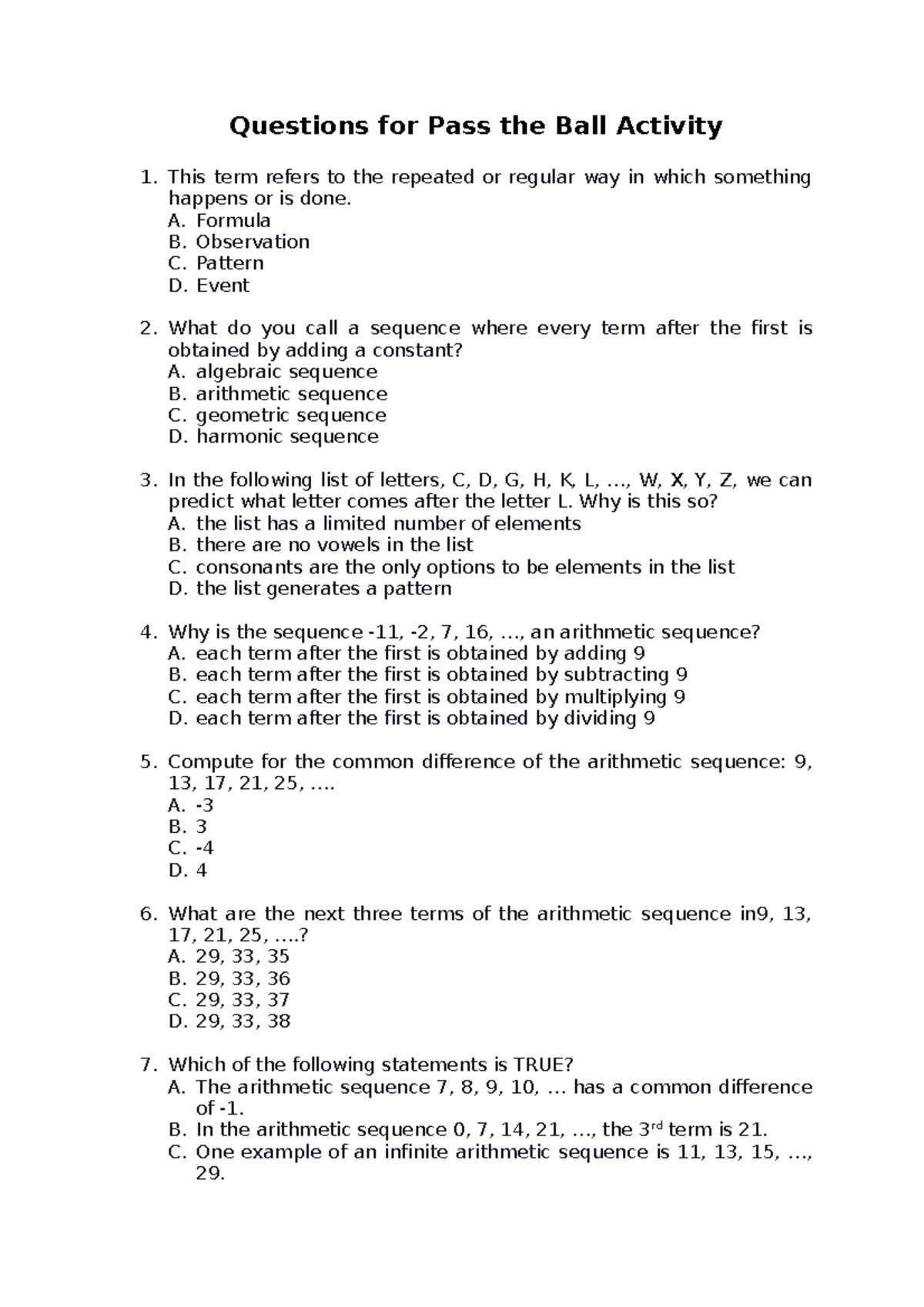 Questions for Pass the Ball Activity - A. Formula B. Observation C ...