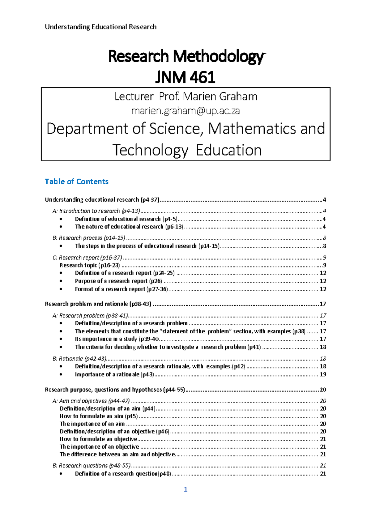 JNM Class Notes Revised - Research Methodology Lecturer Prof. Marien ...