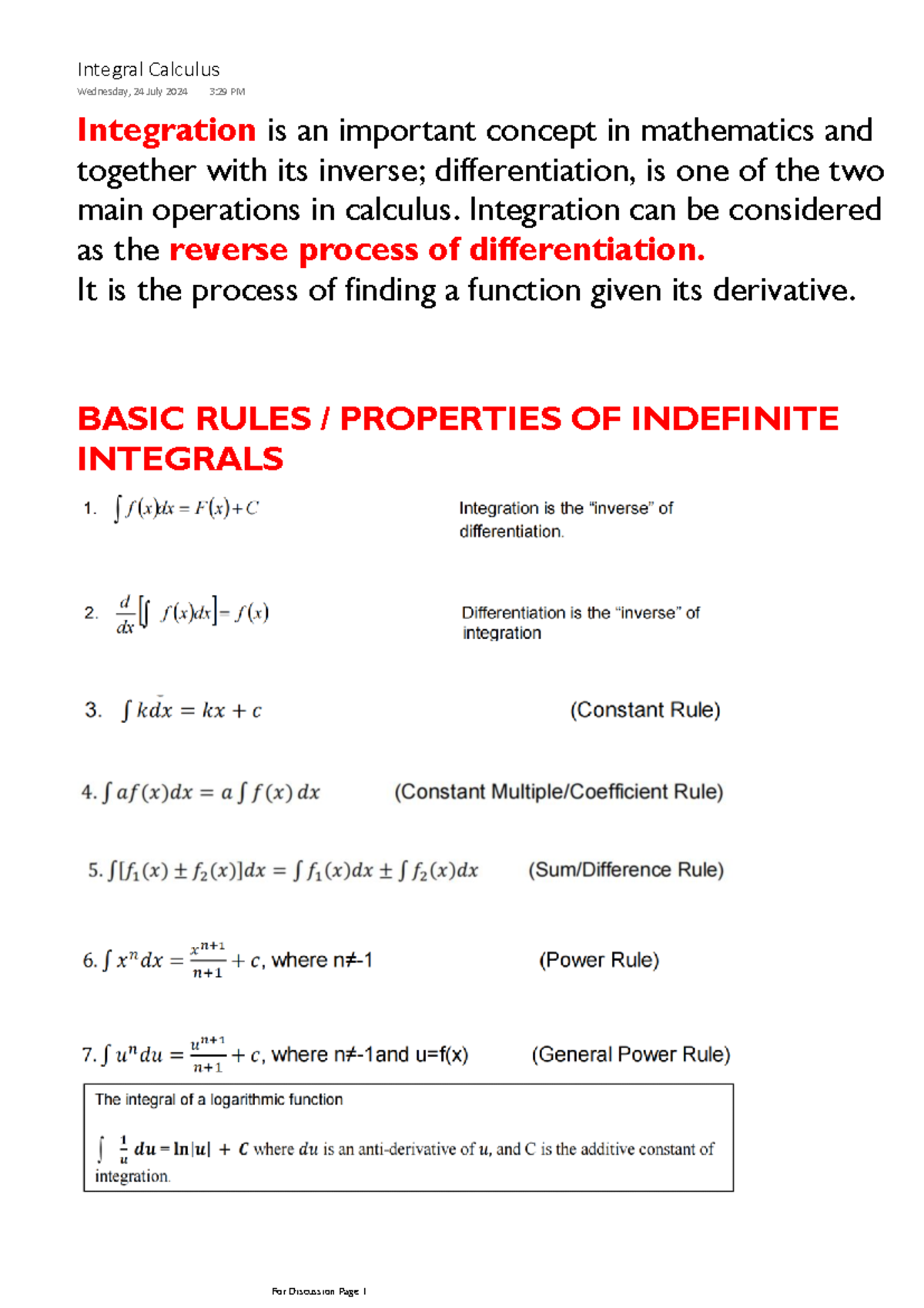 Integral Calculus (Notes) - Integration is an important concept in ...