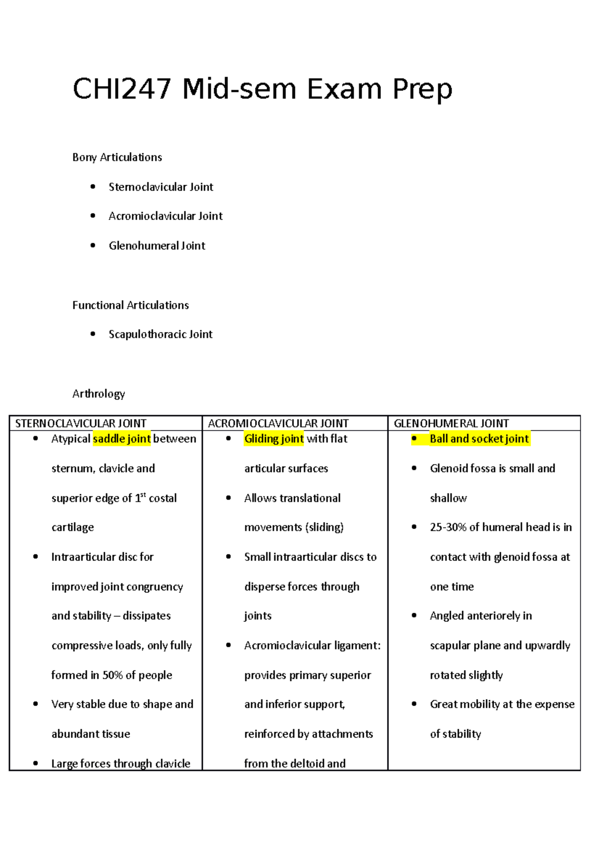 Midsem II Practice - CHI247 Mid-sem Exam Prep Bony Articulations Sternoclavicular Joint - Studocu