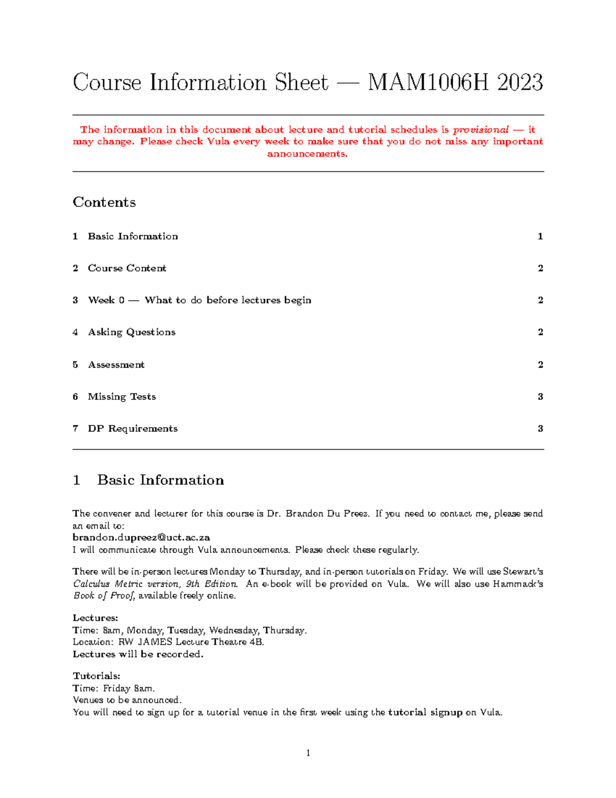 MAM1006H 2023 Course Information Sheet - Course Information Sheet ...